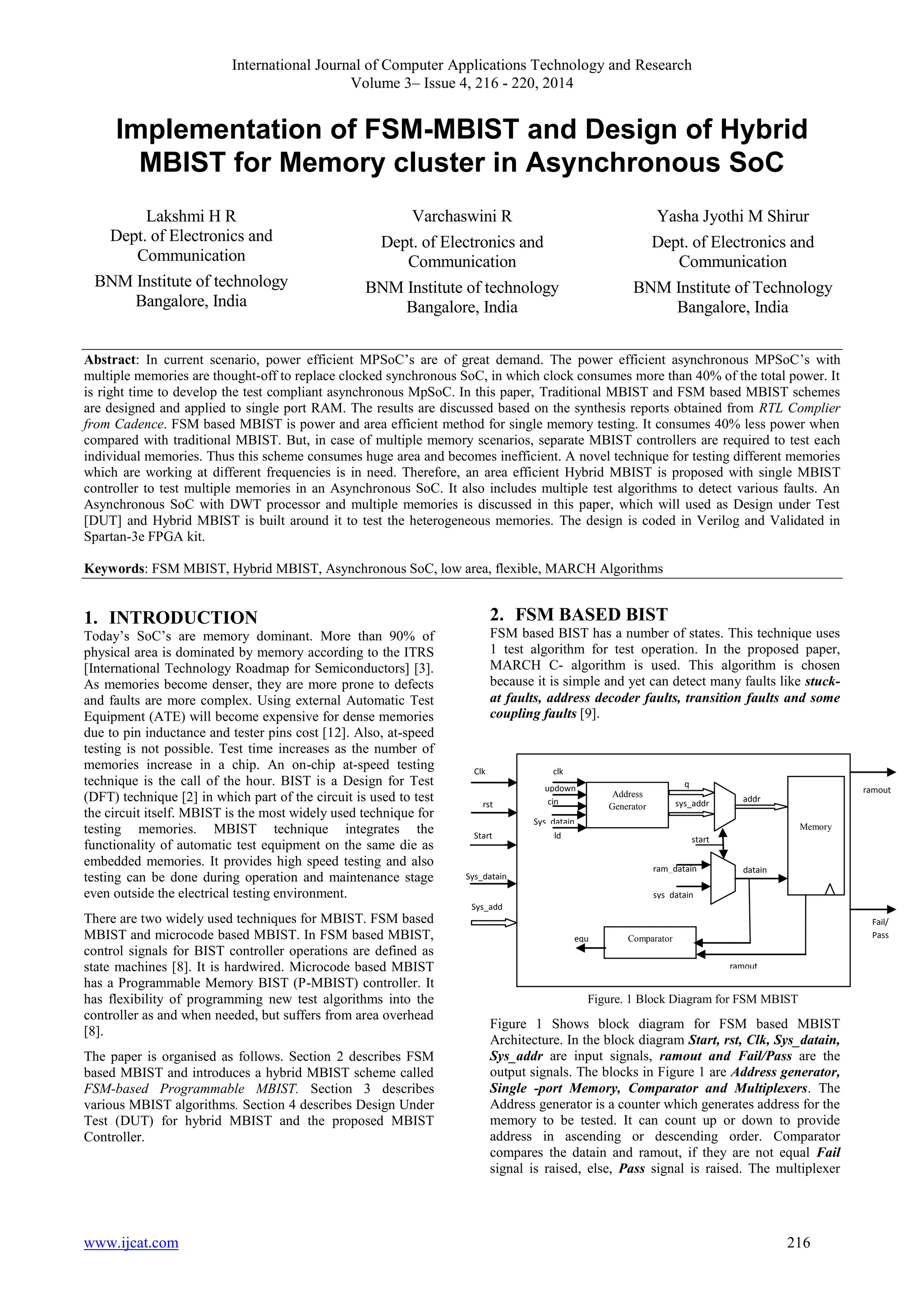 Implementation of FSM-MBIST and Design of Hybrid MBIST for Memory cluster in Asynchronous SoC | PDF