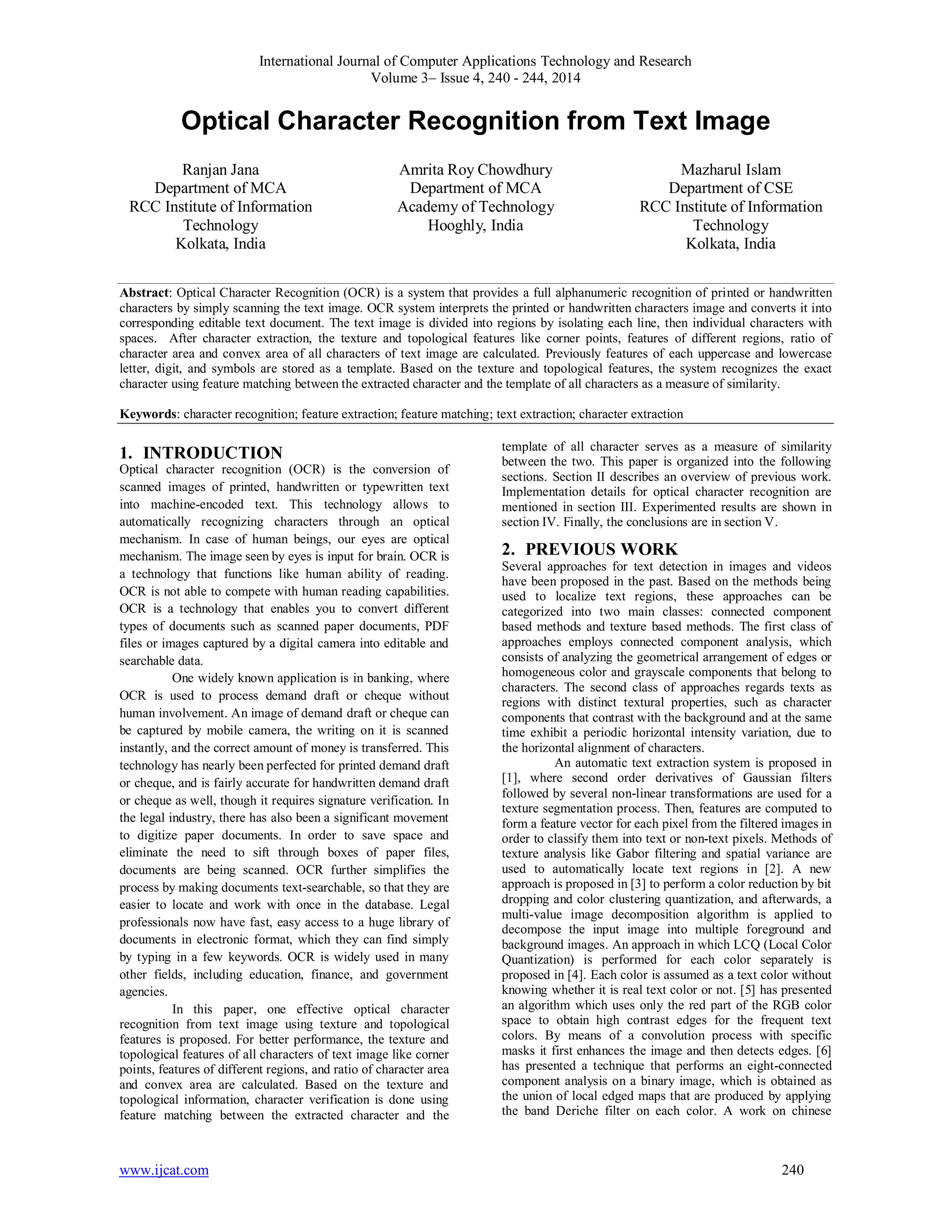 Optical Character Recognition from Text Image | PDF