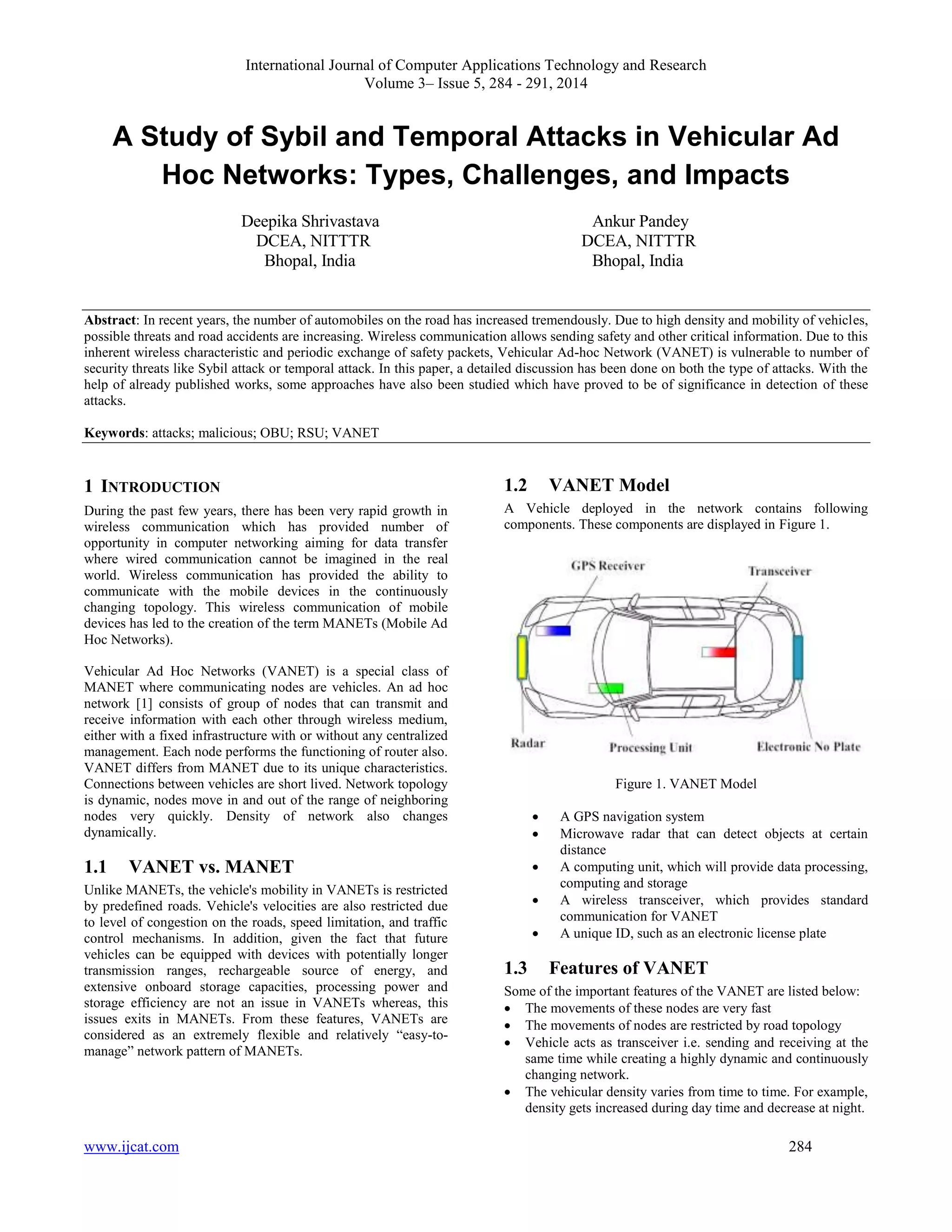 A Study of Sybil and Temporal Attacks in Vehicular Ad Hoc Networks: Types, Challenges, and ...