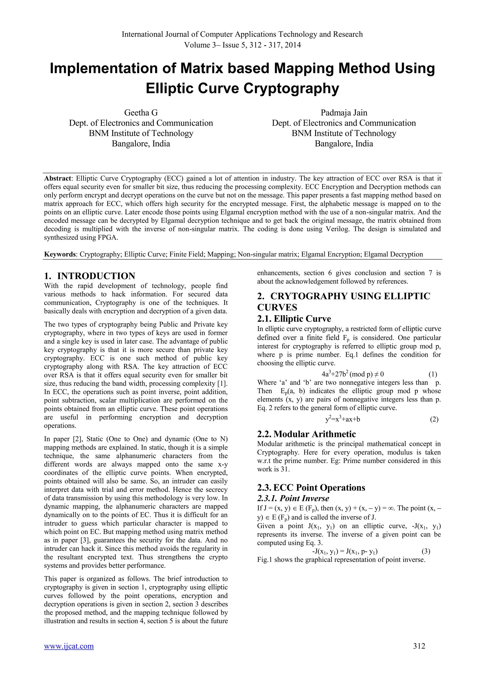 Ijcatr03051008Implementation of Matrix based Mapping Method Using Elliptic Curve Cryptography | PDF