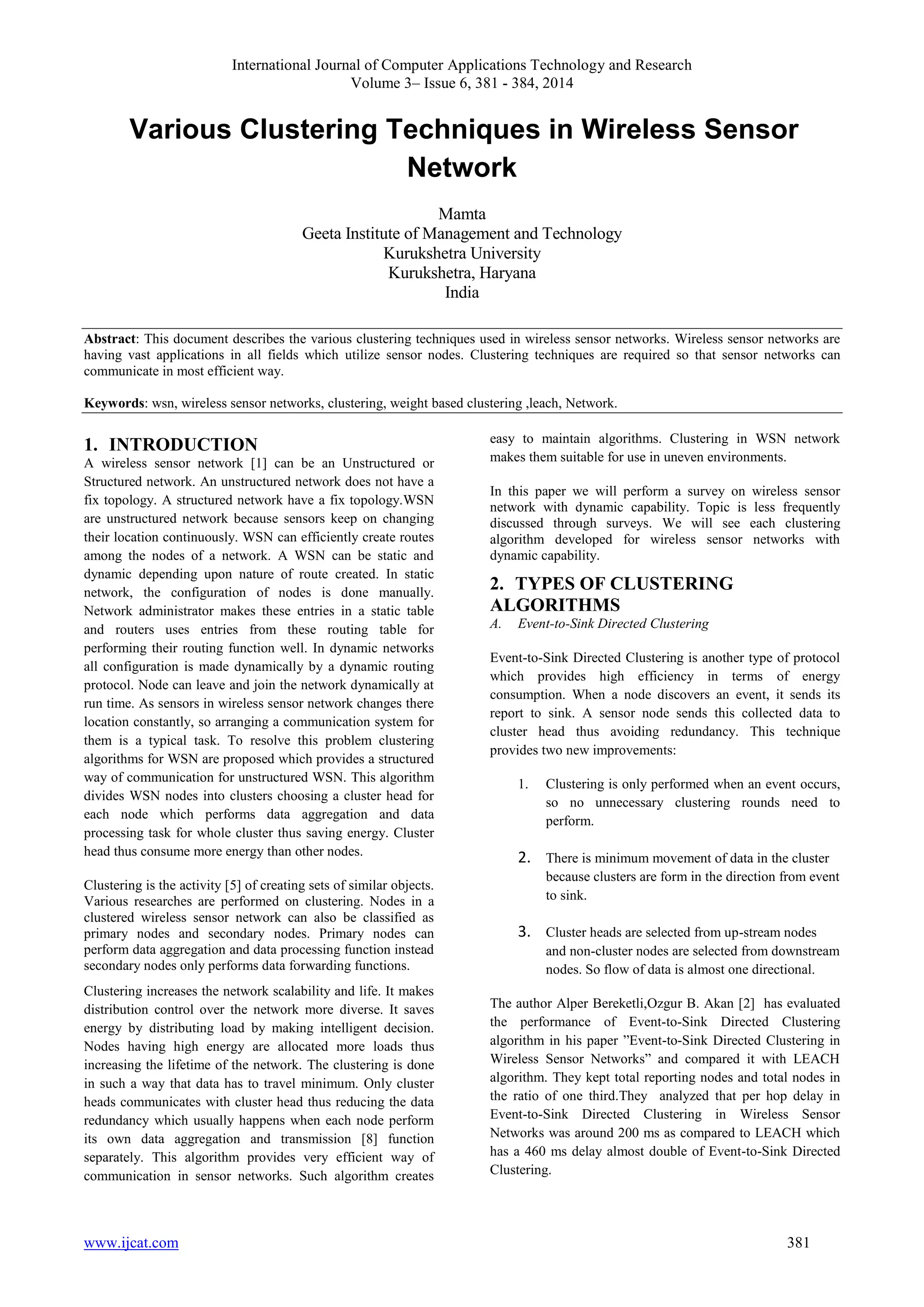 Various Clustering Techniques in Wireless Sensor Network | PDF