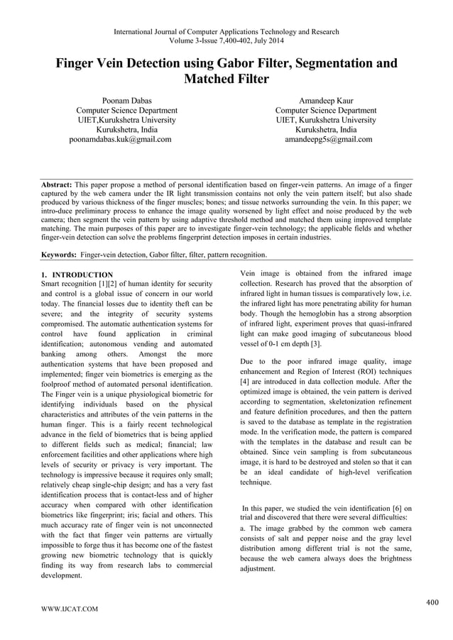 Finger Vein Detection using Gabor Filter, Segmentation and Matched Filter | PDF
