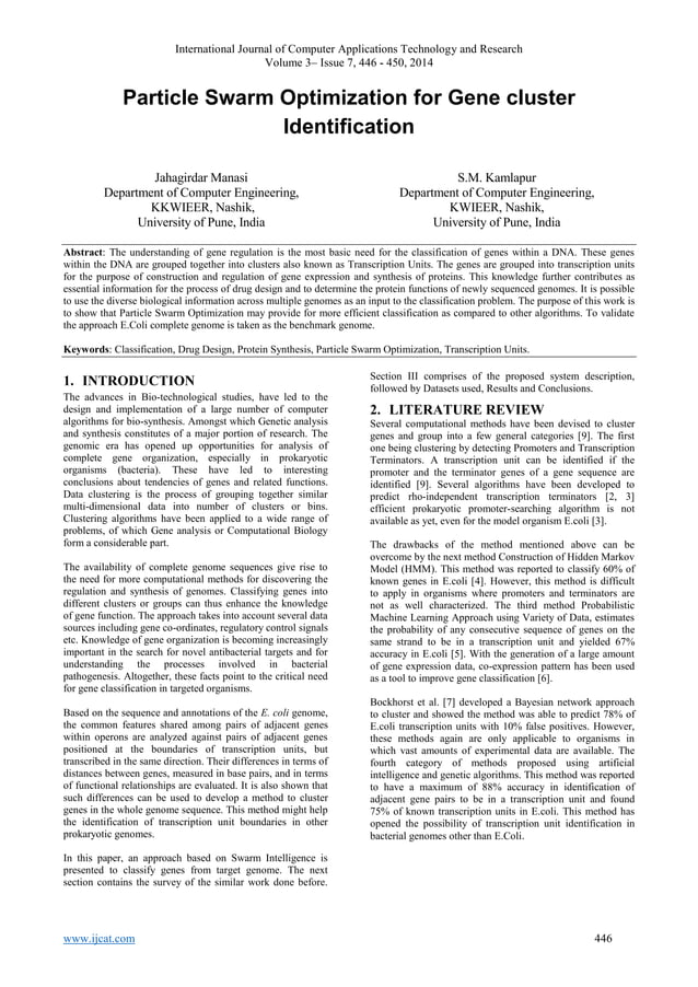 Particle Swarm Optimization for Gene cluster Identification | PDF