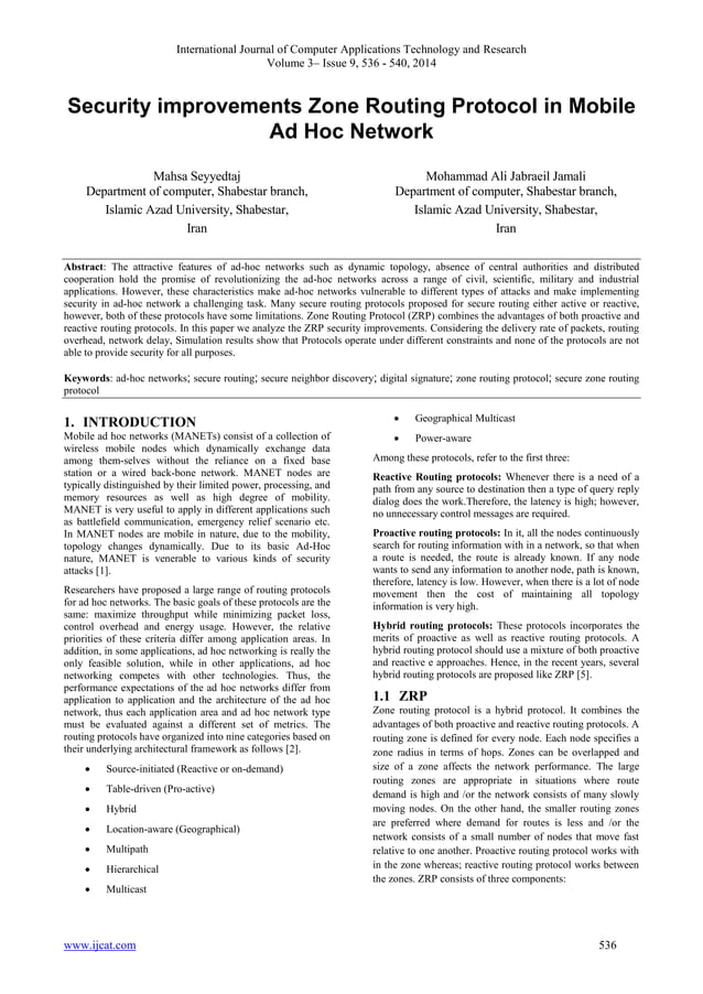 Security improvements Zone Routing Protocol in Mobile Ad Hoc Network | PDF