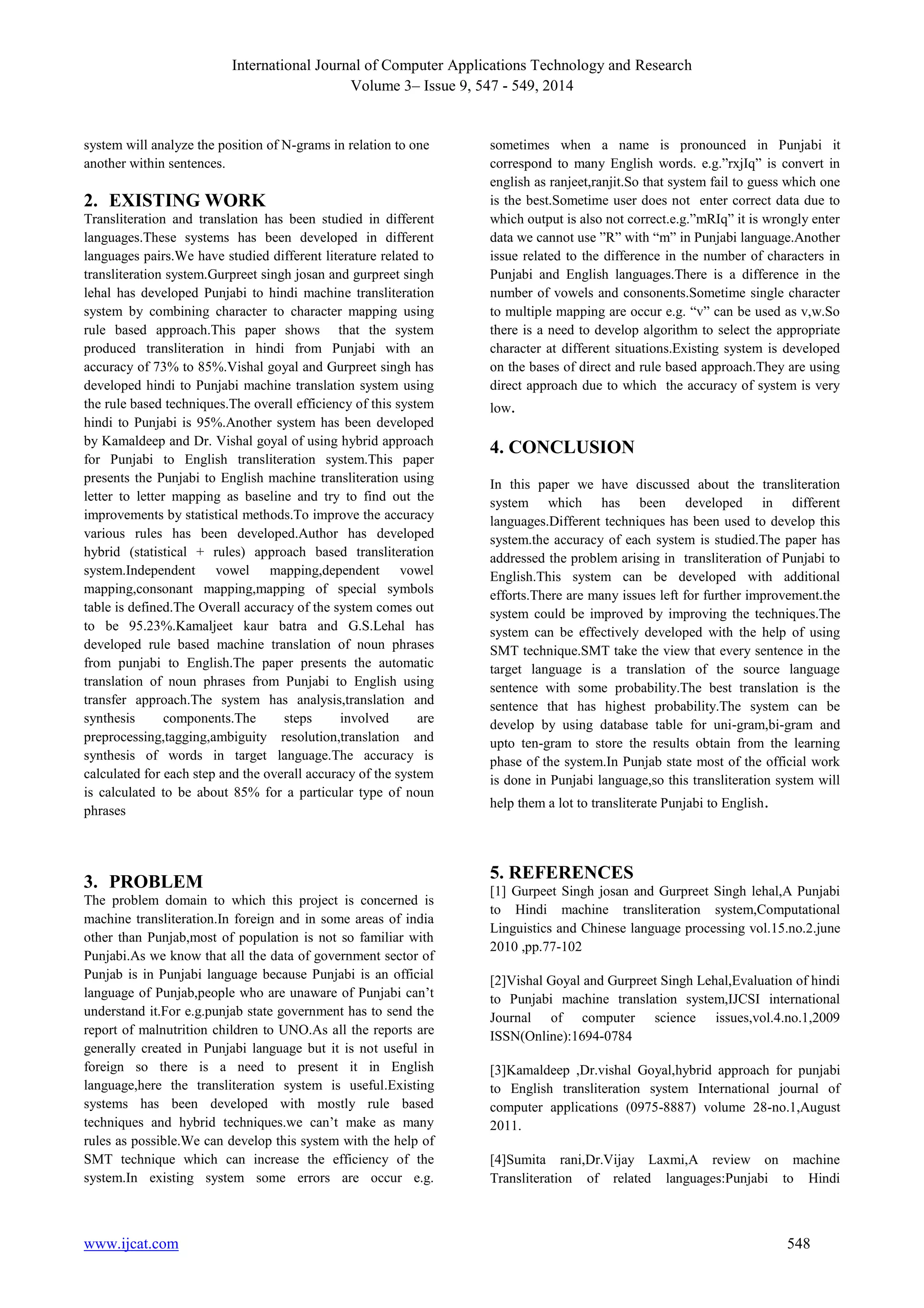 A Review on a web based Punjabi to English Machine Transliteration System | PDF