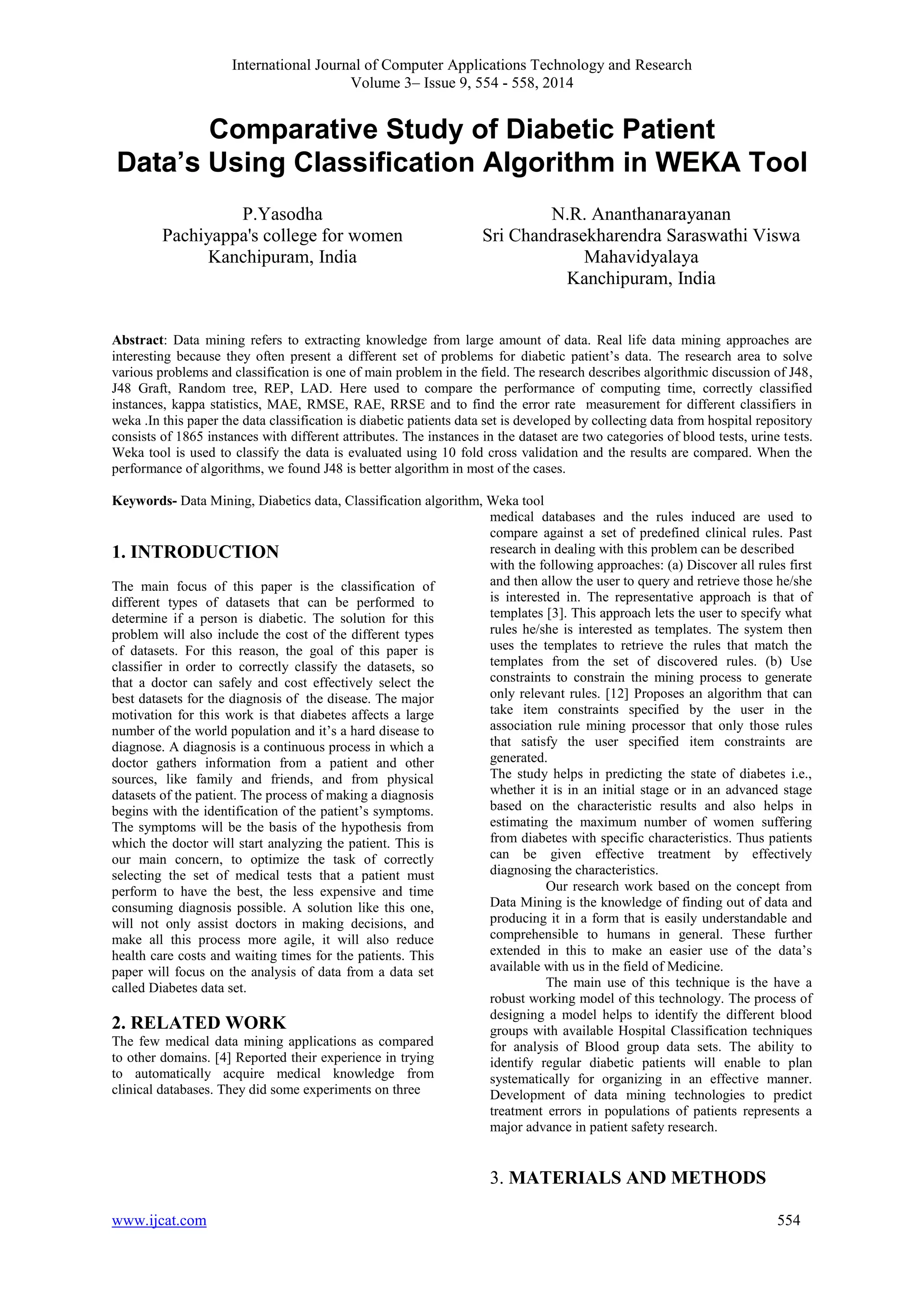 Comparative Study of Diabetic Patient Data’s Using Classification Algorithm in WEKA Tool | PDF