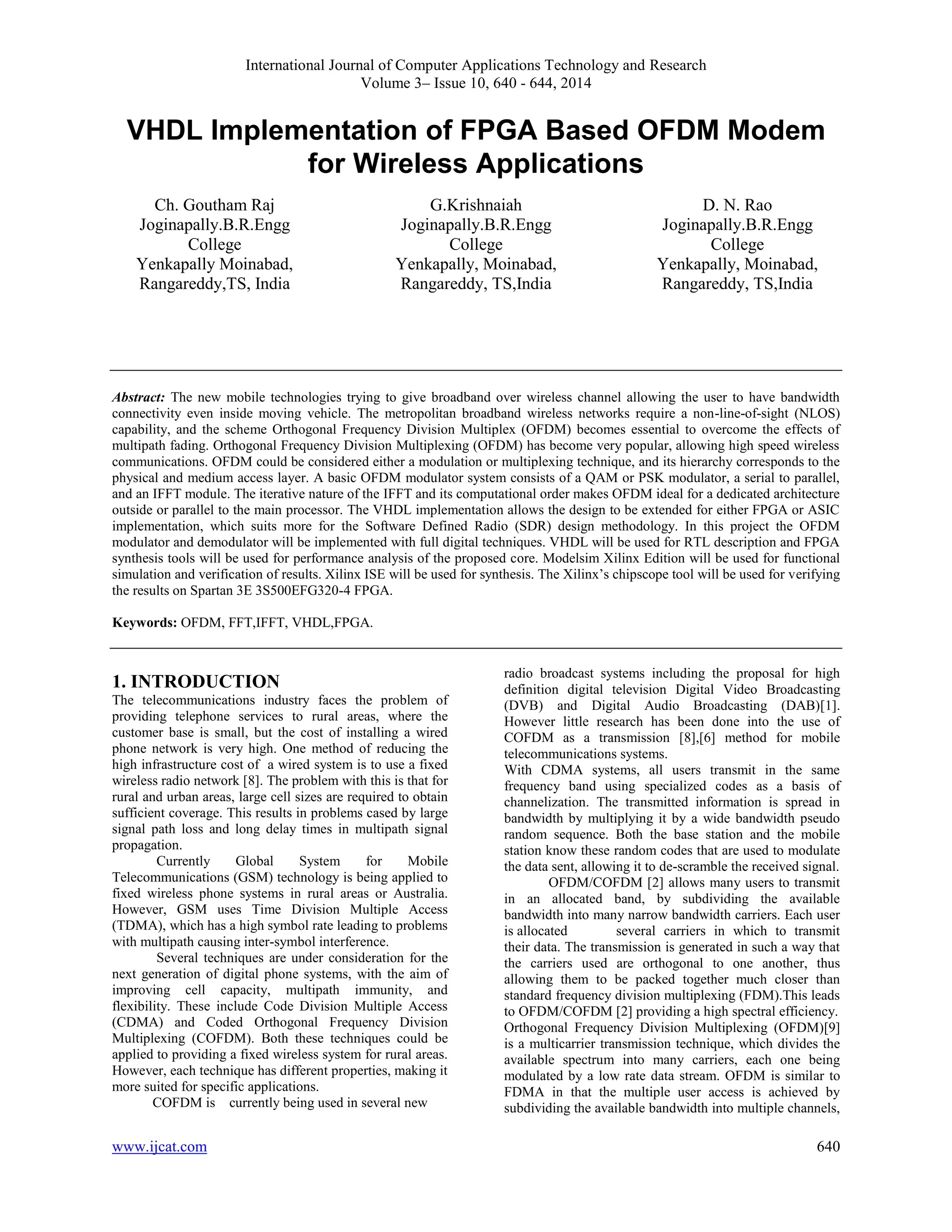 VHDL Implementation of FPGA Based OFDM Modem for Wireless Applications ...