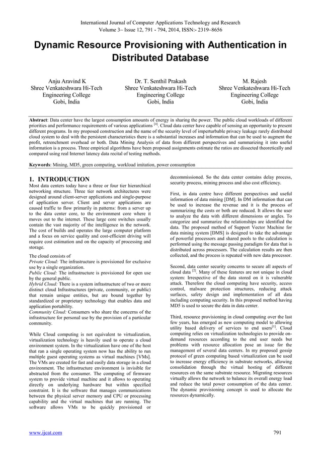 Dynamic Resource Provisioning with Authentication in Distributed Database | PDF | Cloud ...