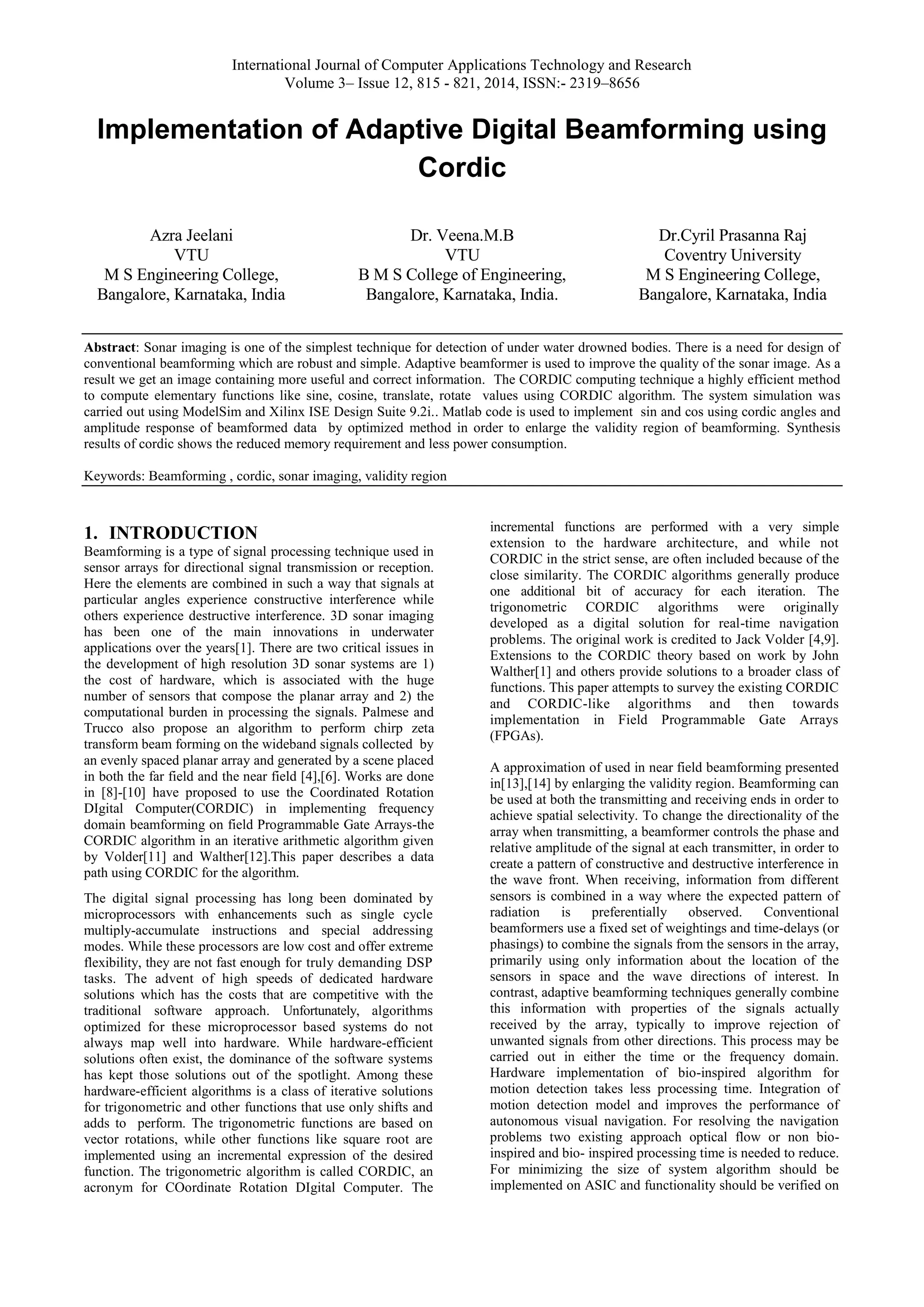 Implementation of Adaptive Digital Beamforming using Cordic | PDF