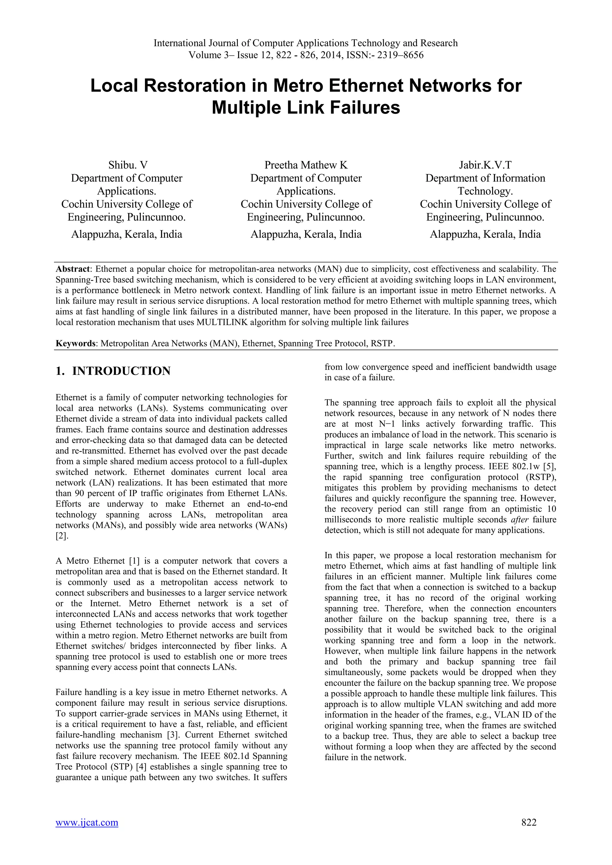 Local Restoration in Metro Ethernet Networks for Multiple Link Failures | PDF
