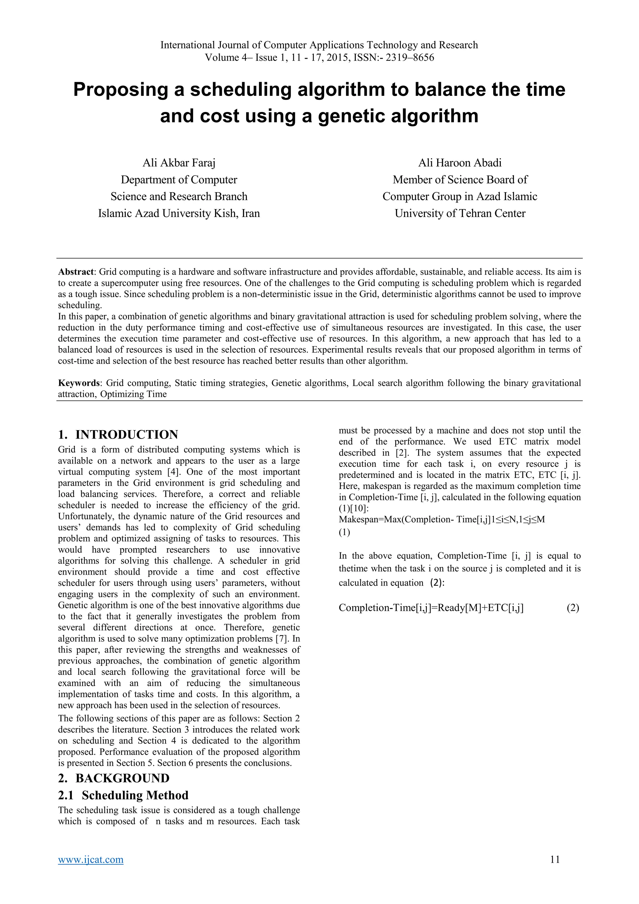 Proposing a scheduling algorithm to balance the time and cost using a genetic algorithm | PDF