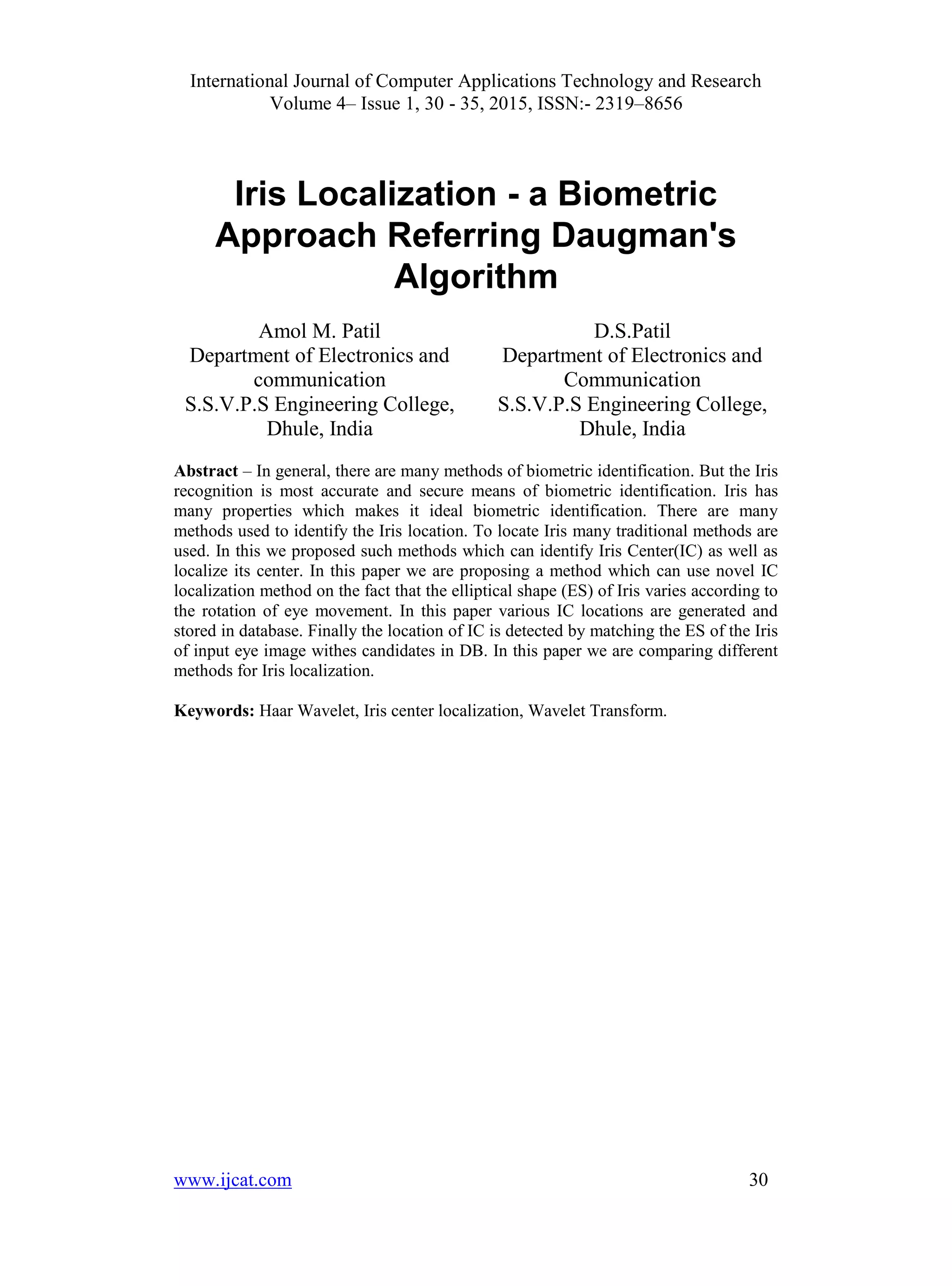 Iris Localization - a Biometric Approach Referring Daugman's Algorithm | PDF