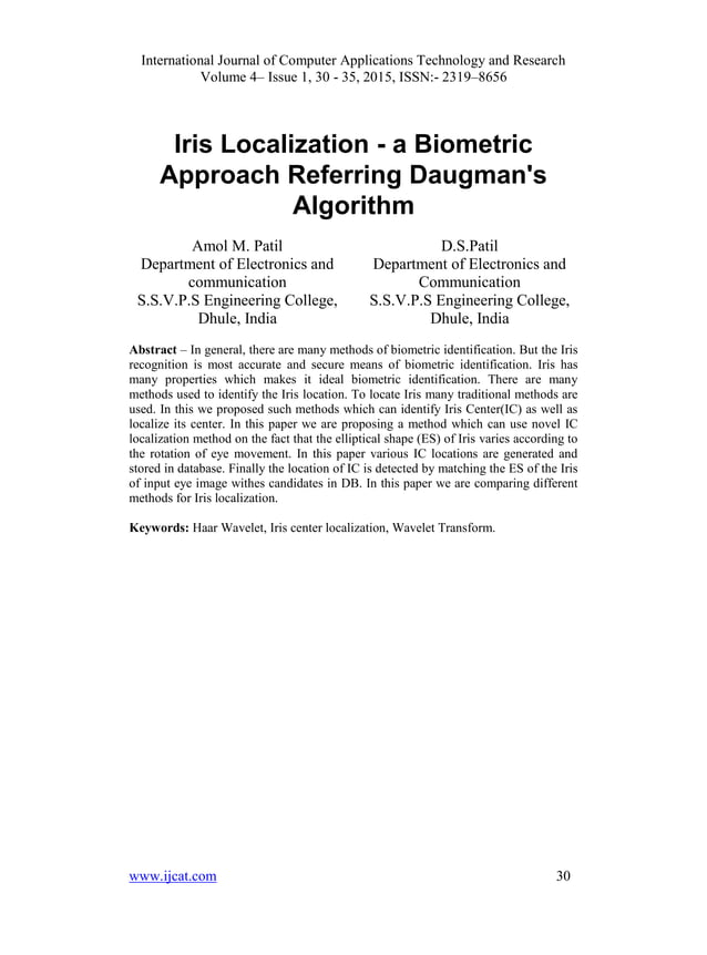 Iris Localization - a Biometric Approach Referring Daugman's Algorithm | PDF