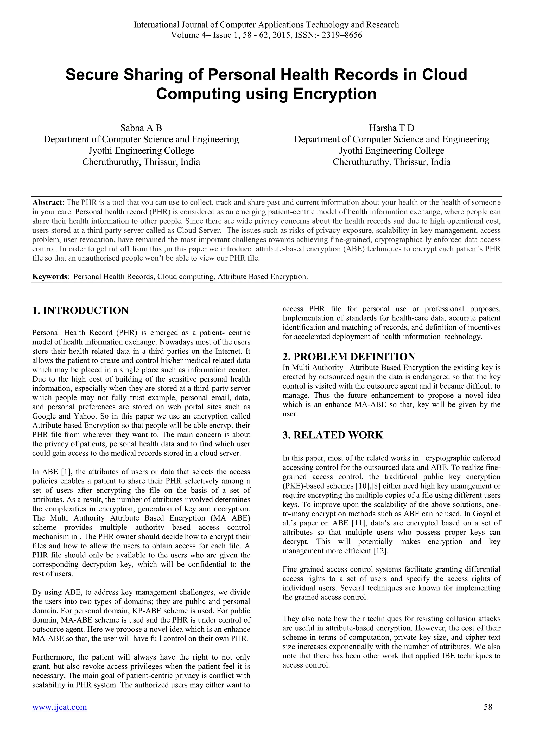 Secure Sharing of Personal Health Records in Cloud Computing using Encryption | PDF