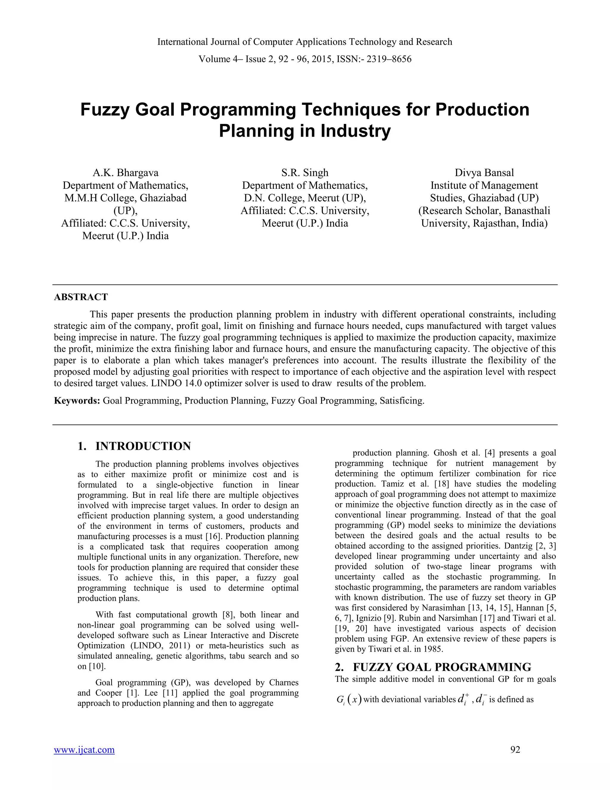 Fuzzy Goal Programming Techniques for Production Planning in Industry | PDF