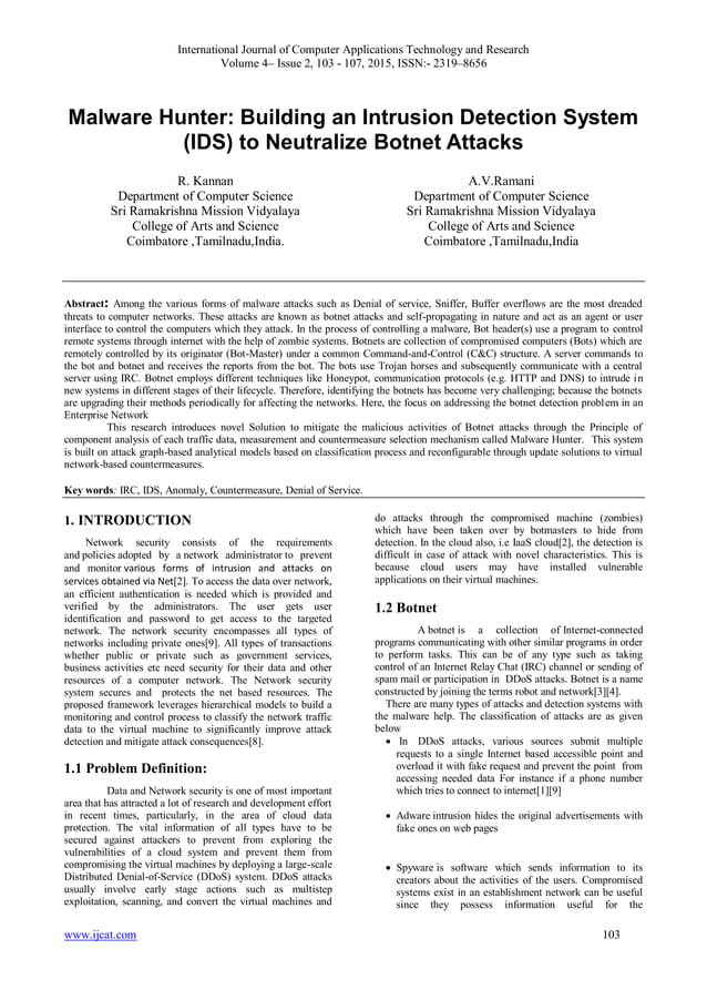 Malware Hunter: Building an Intrusion Detection System (IDS) to Neutralize Botnet Attacks | PDF