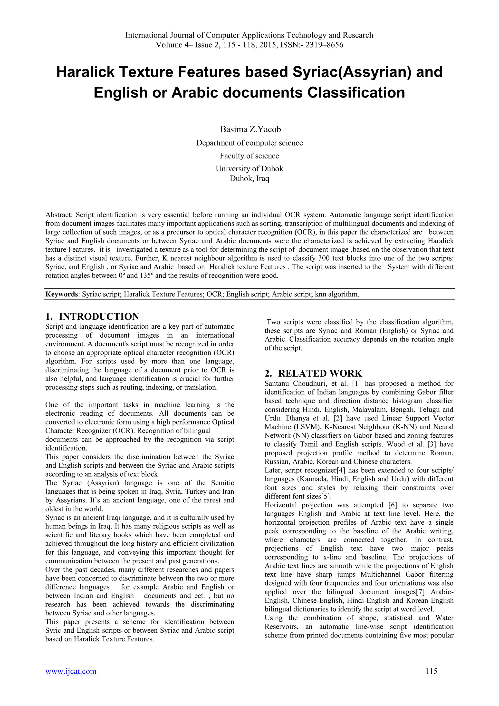 Haralick Texture Features based Syriac(Assyrian) and English or Arabic ...