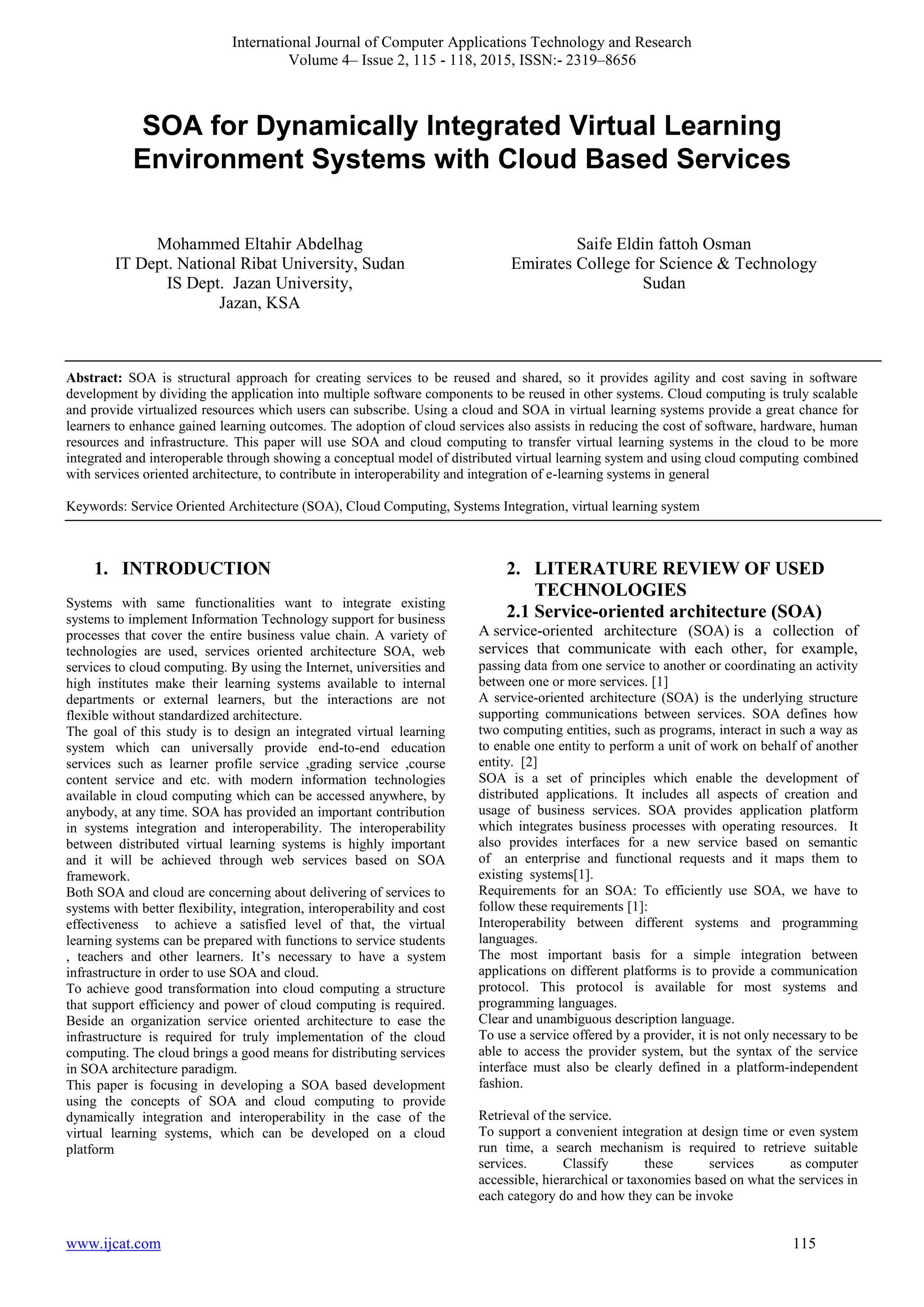 SOA for Dynamically Integrated Virtual Learning Environment Systems with Cloud Based Services | PDF