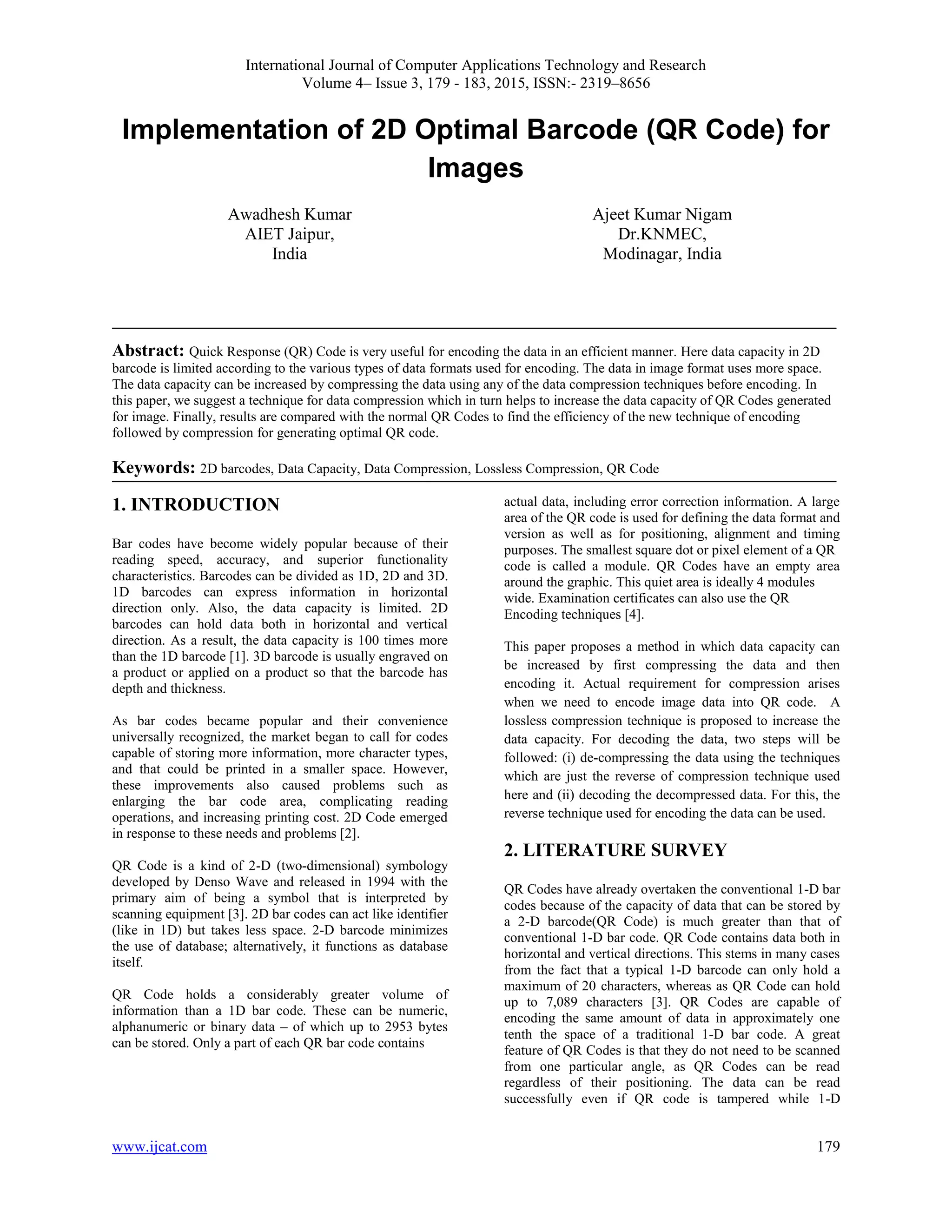 Implementation of 2D Optimal Barcode (QR Code) for Images | PDF
