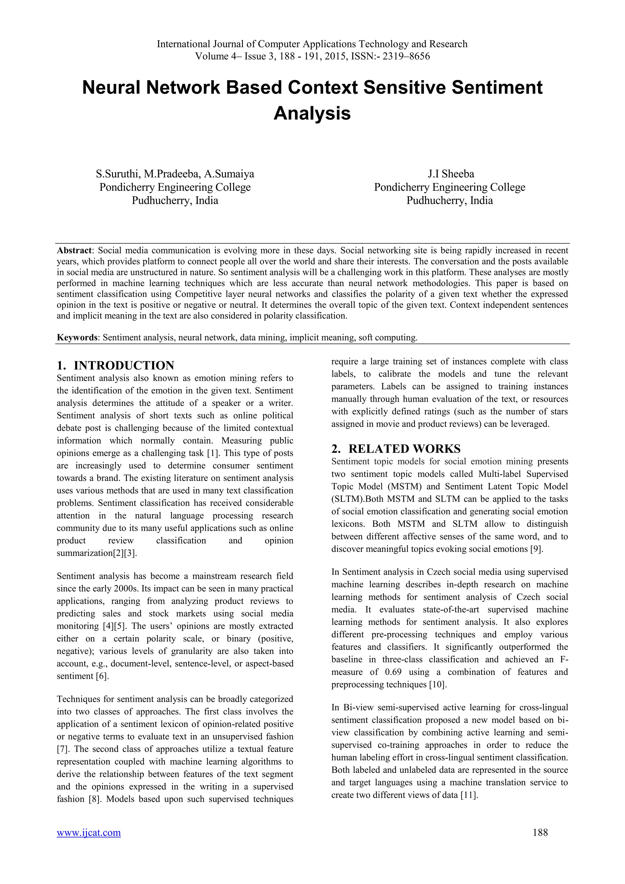 Neural Network Based Context Sensitive Sentiment Analysis | PDF