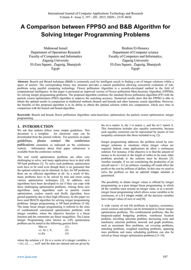 A Comparison between FPPSO and B&B Algorithm for Solving Integer Programming Problems | PDF