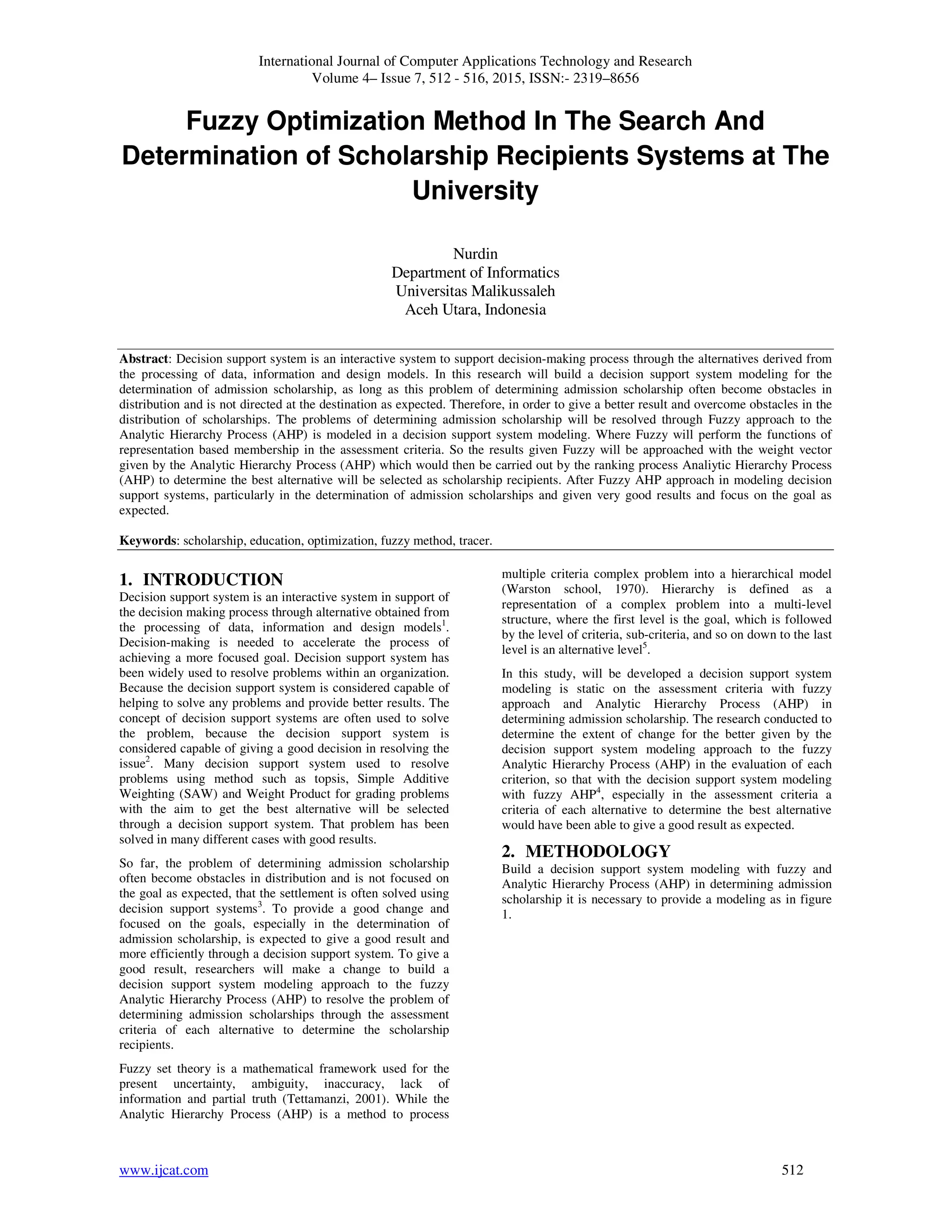 Fuzzy Optimization Method In The Search And Determination of Scholarship Recipients Systems at ...
