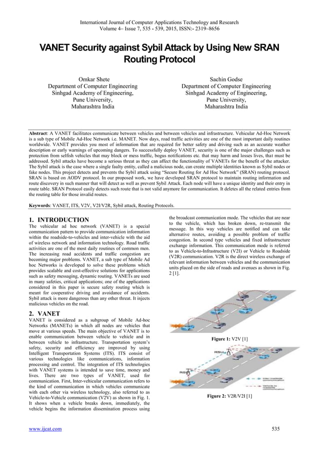 VANET Security against Sybil Attack by Using New SRAN Routing Protocol | PDF