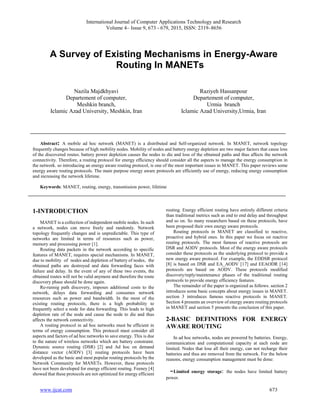 A Survey of Existing Mechanisms in Energy-Aware Routing In MANETs | PDF