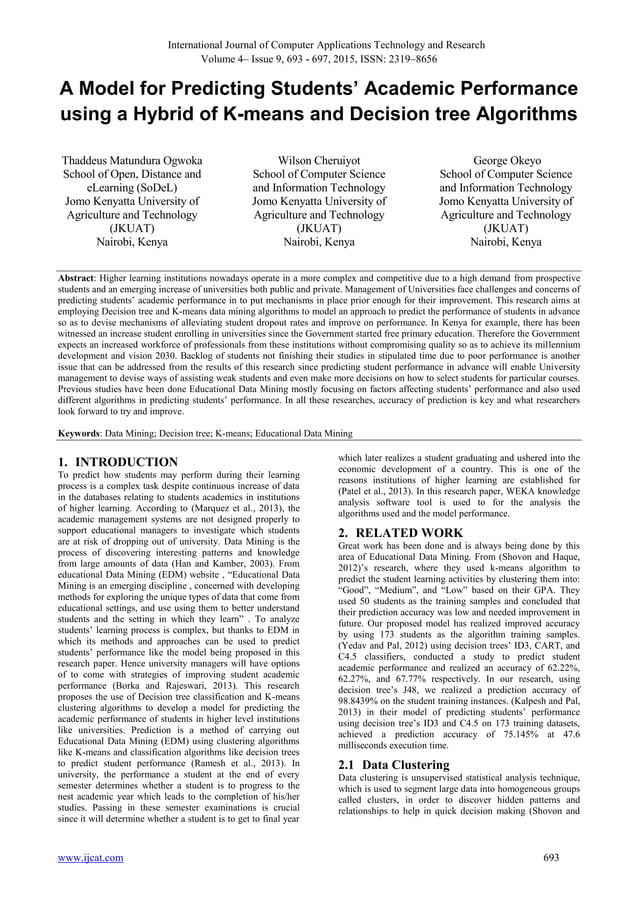 A Model for Predicting Students’ Academic Performance using a Hybrid of K-means and Decision ...
