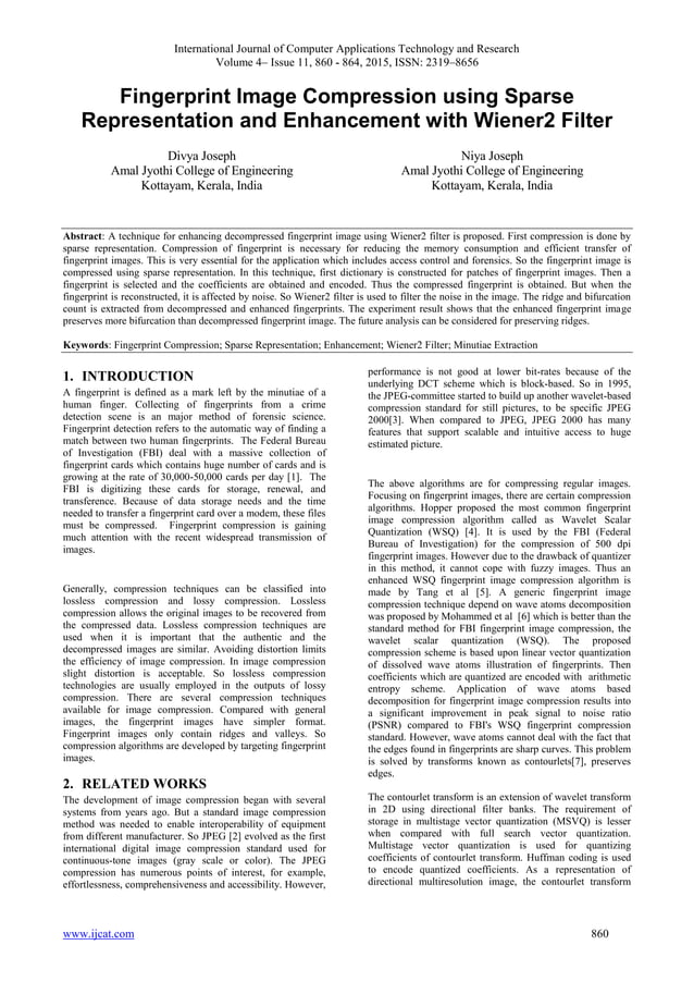 Fingerprint Image Compression using Sparse Representation and Enhancement with Wiener2 Filter | PDF