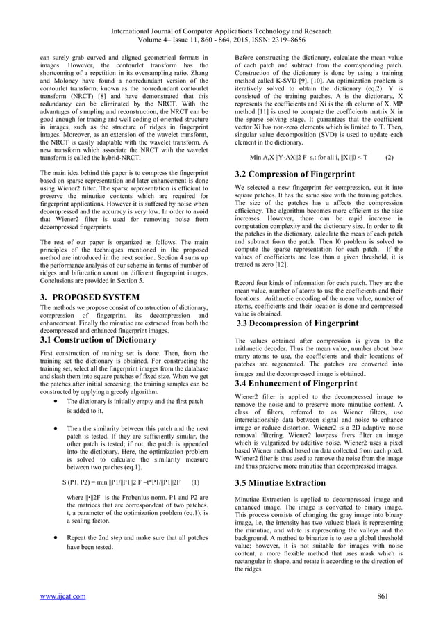 Fingerprint Image Compression using Sparse Representation and Enhancement with Wiener2 Filter | PDF