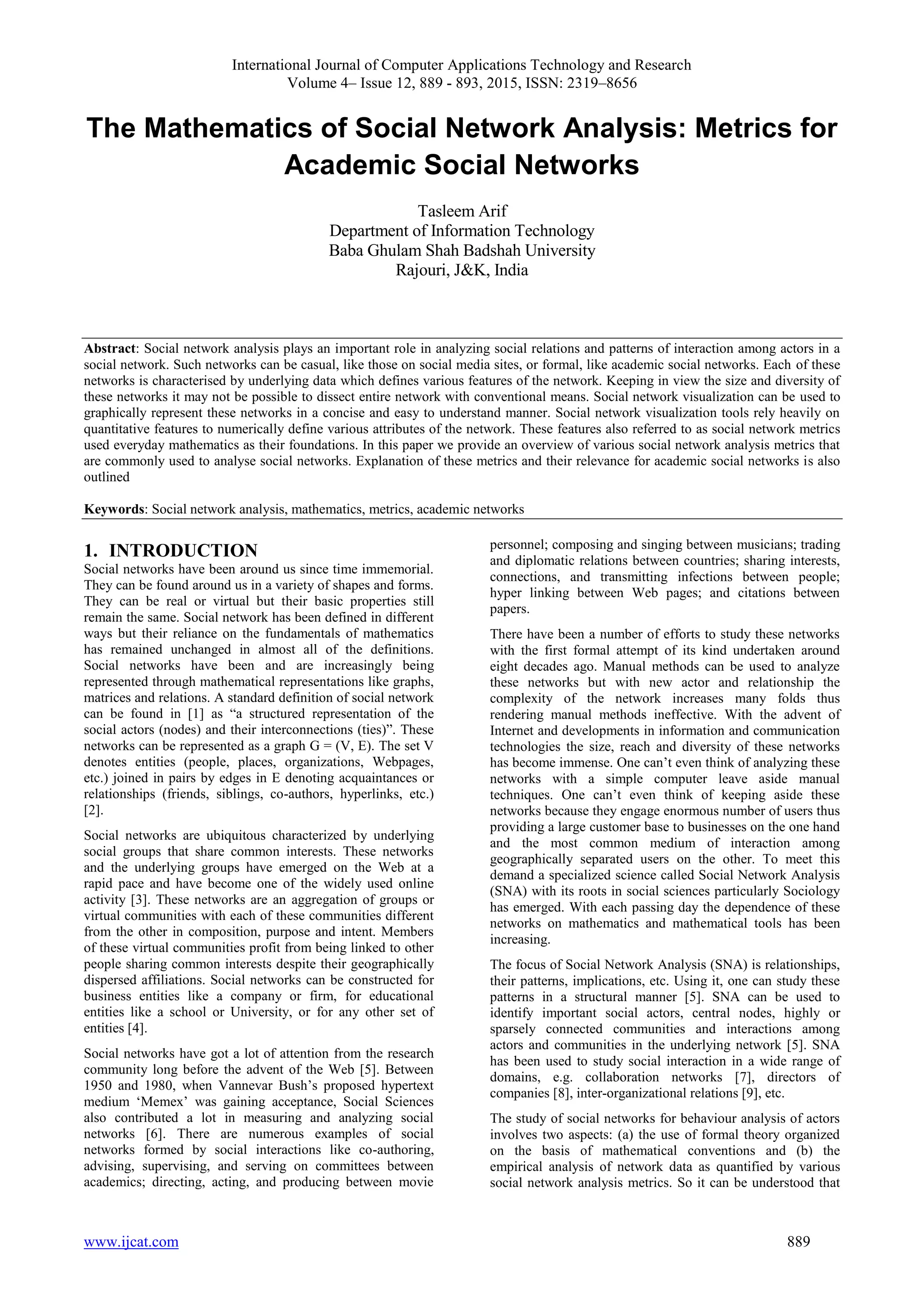 The Mathematics Of Social Network Analysis Metrics For Academic Social Networks Pdf