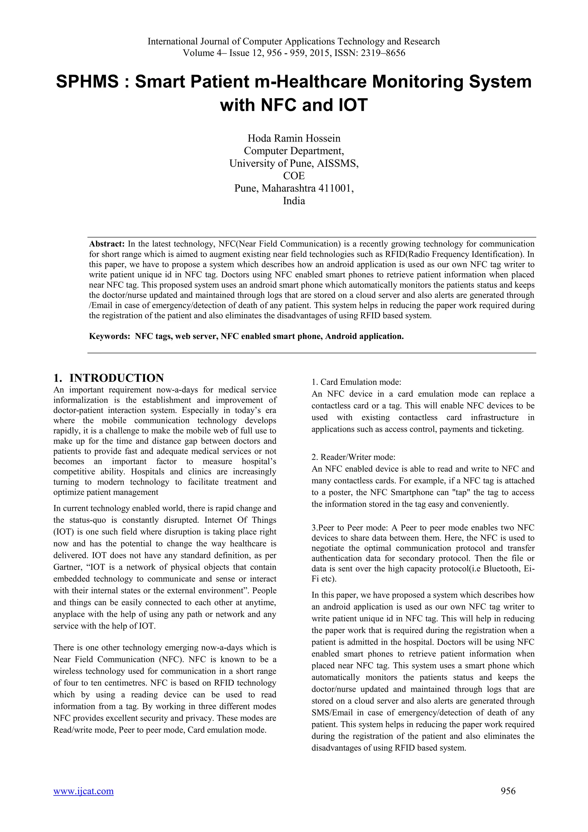 SPHMS : Smart Patient m-Healthcare Monitoring System with NFC and IOT | PDF