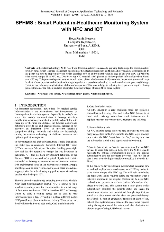 SPHMS : Smart Patient m-Healthcare Monitoring System with NFC and IOT | PDF