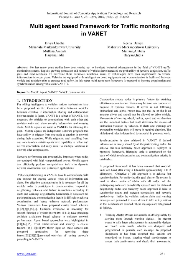 Multi agent based Framework for Traffic monitoring in VANET | PDF