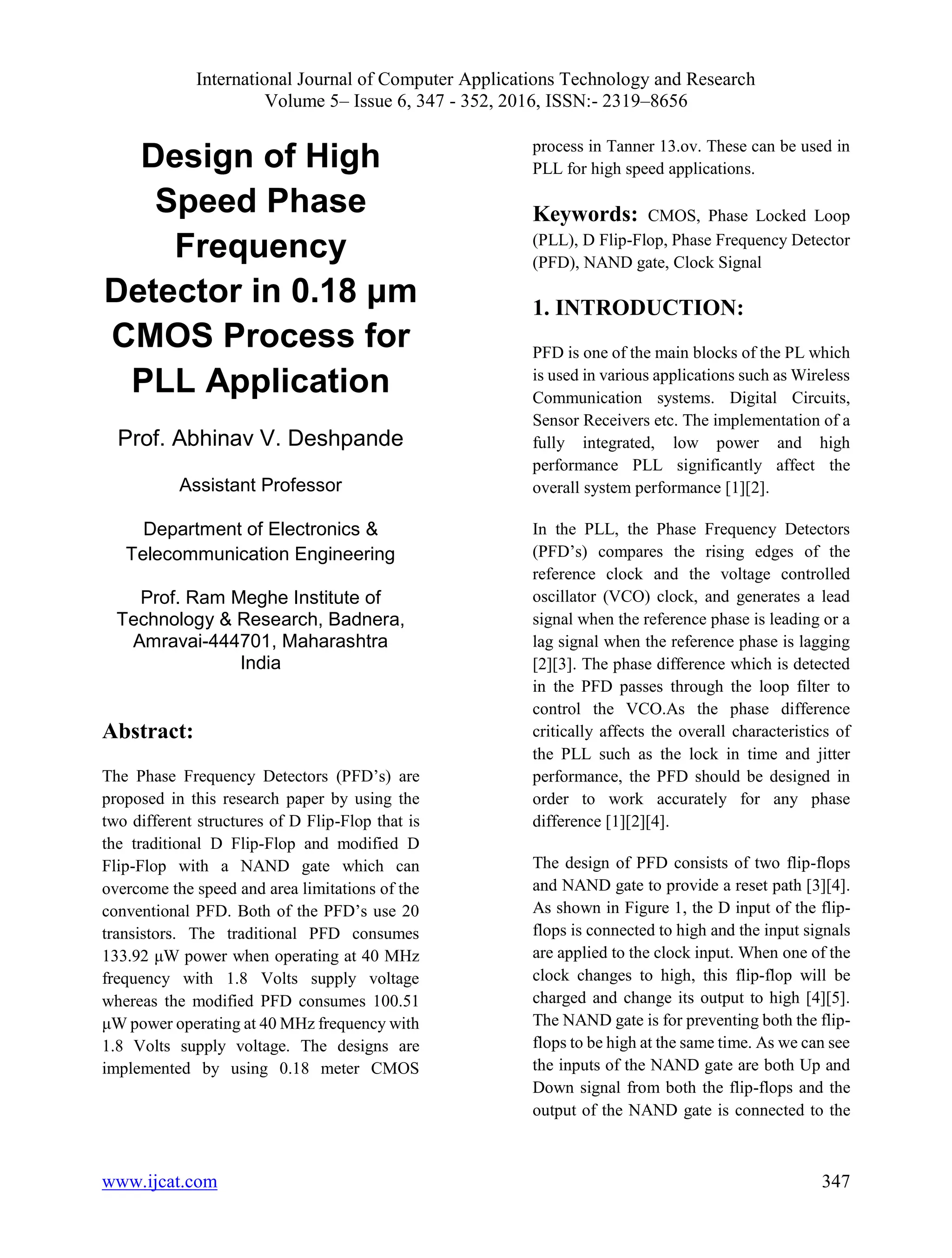 Design of High Speed Phase Frequency Detector in 0.18 μm CMOS Process for PLL Application | PDF