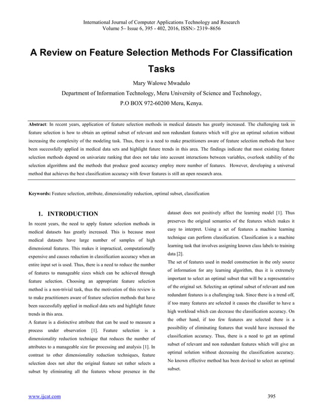 A Review On Feature Selection Methods For Classification Tasks Pdf