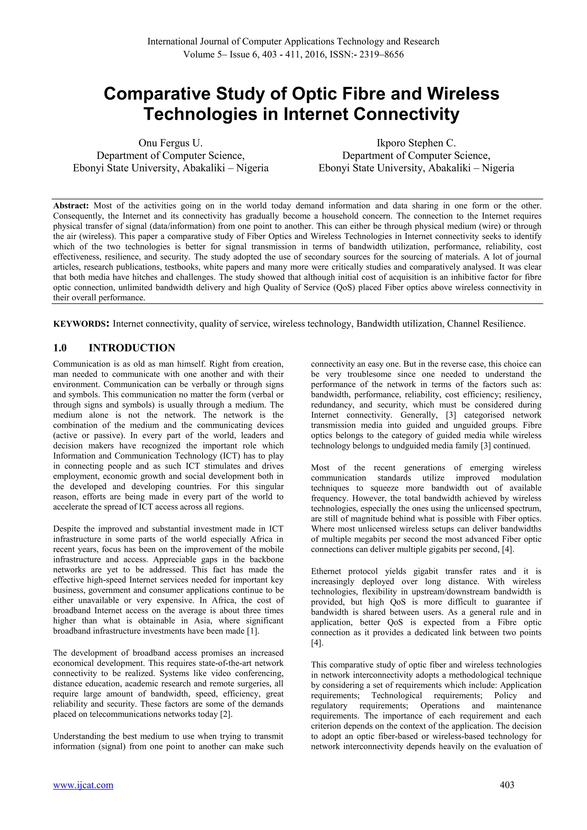 Comparative Study of Optic Fibre and Wireless Technologies in Internet Connectivity | PDF