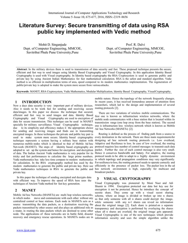 Literature Survey: Secure transmitting of data using RSA public key implemented with Vedic ...