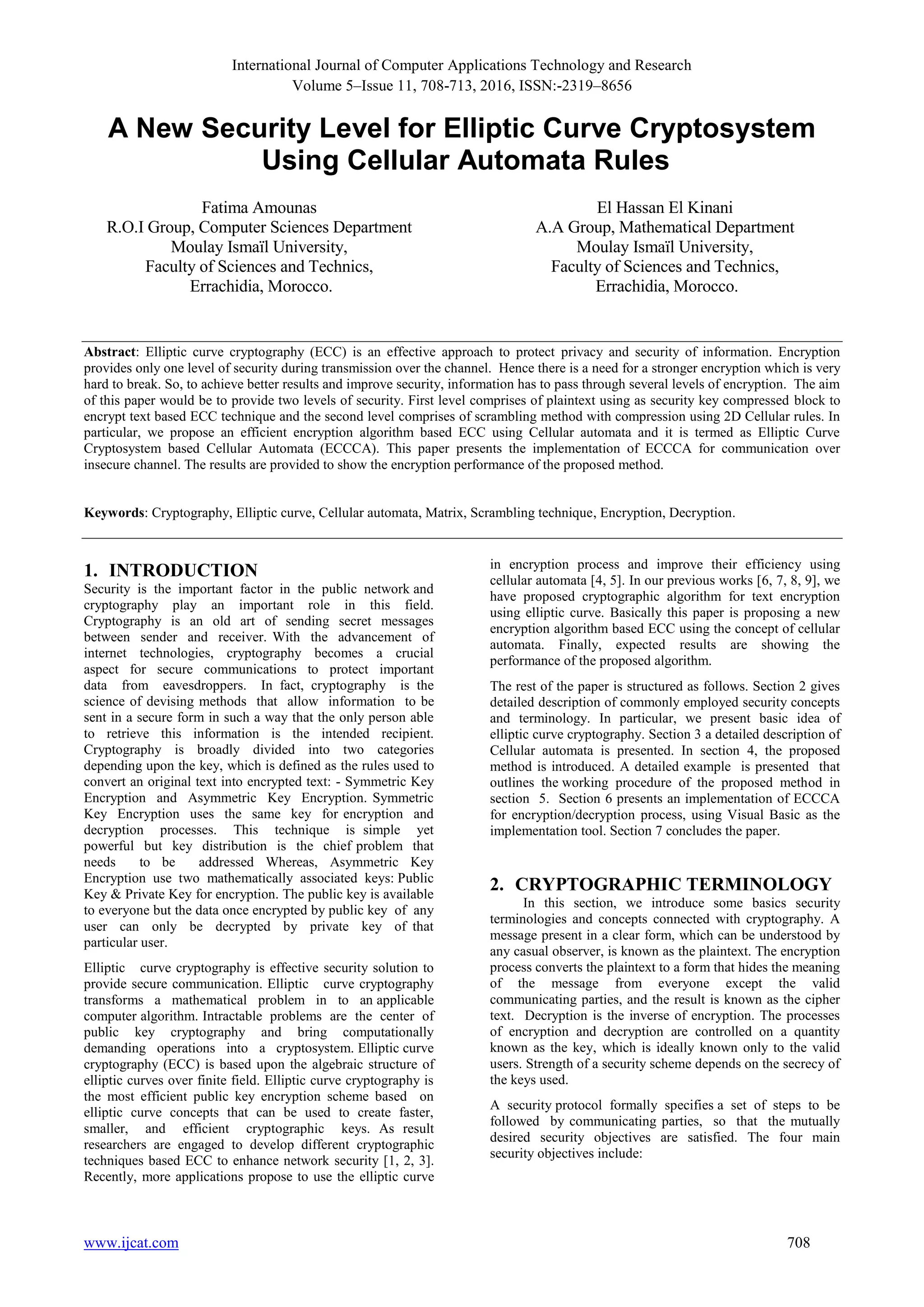 A New Security Level for Elliptic Curve Cryptosystem Using Cellular Automata Rules | PDF