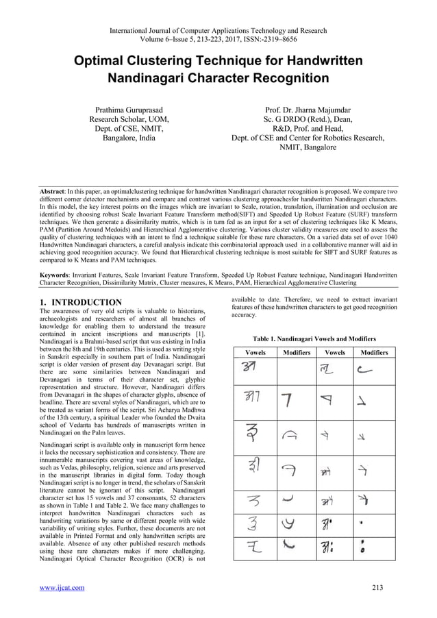Optimal Clustering Technique for Handwritten Nandinagari Character Recognition | PDF
