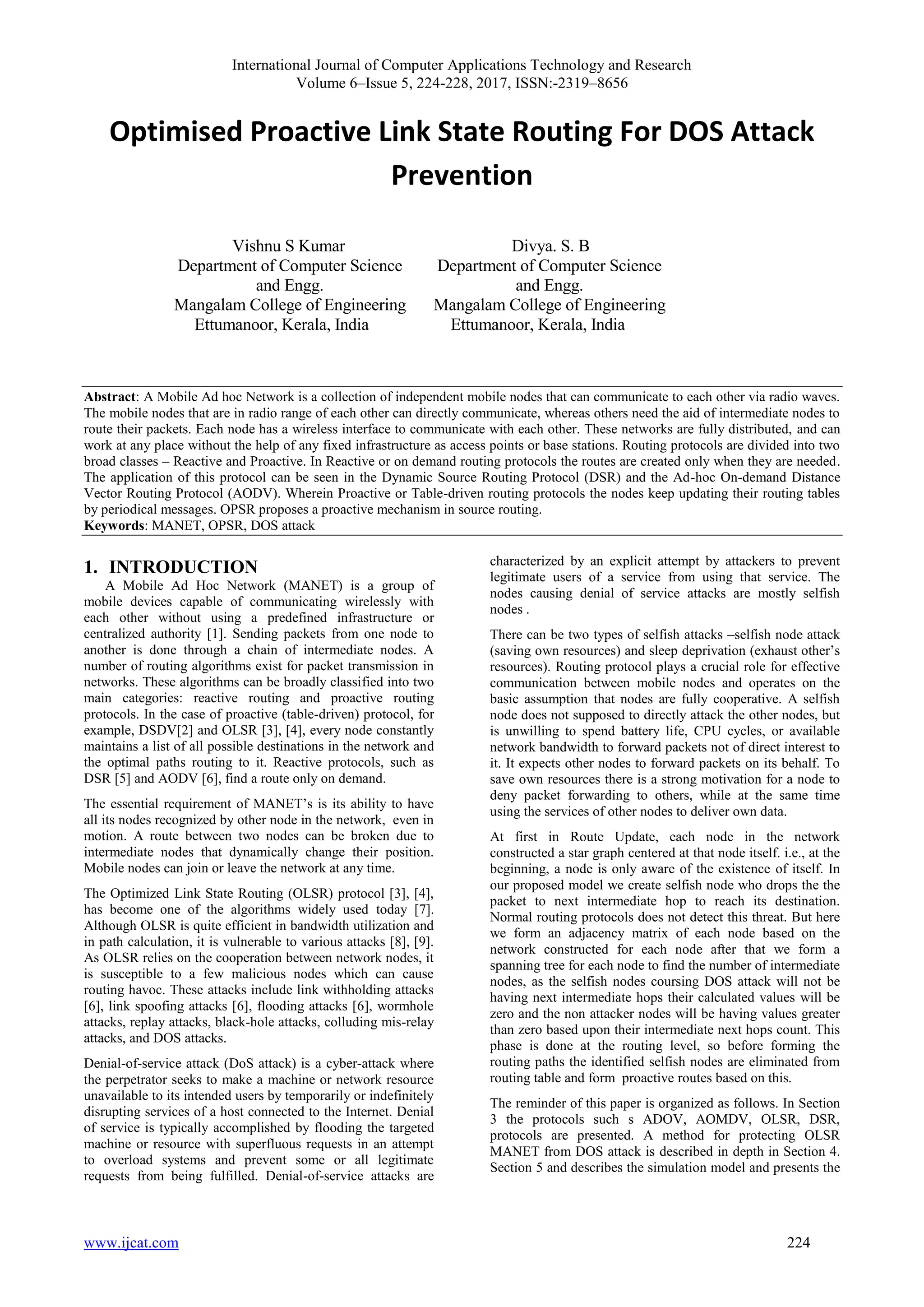 Optimised Proactive Link State Routing For DOS Attack Prevention | PDF