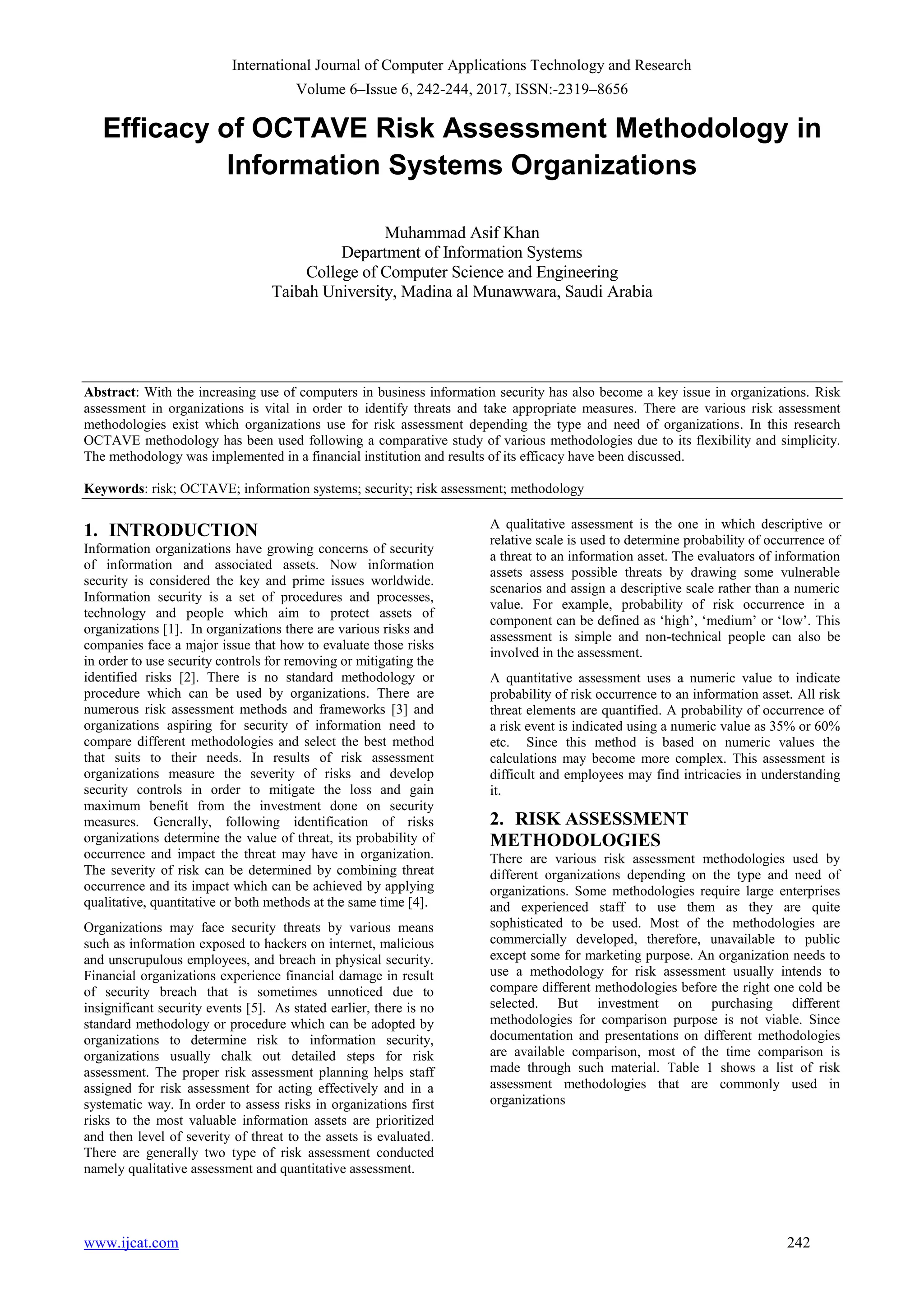 Efficacy of OCTAVE Risk Assessment Methodology in Information Systems ...