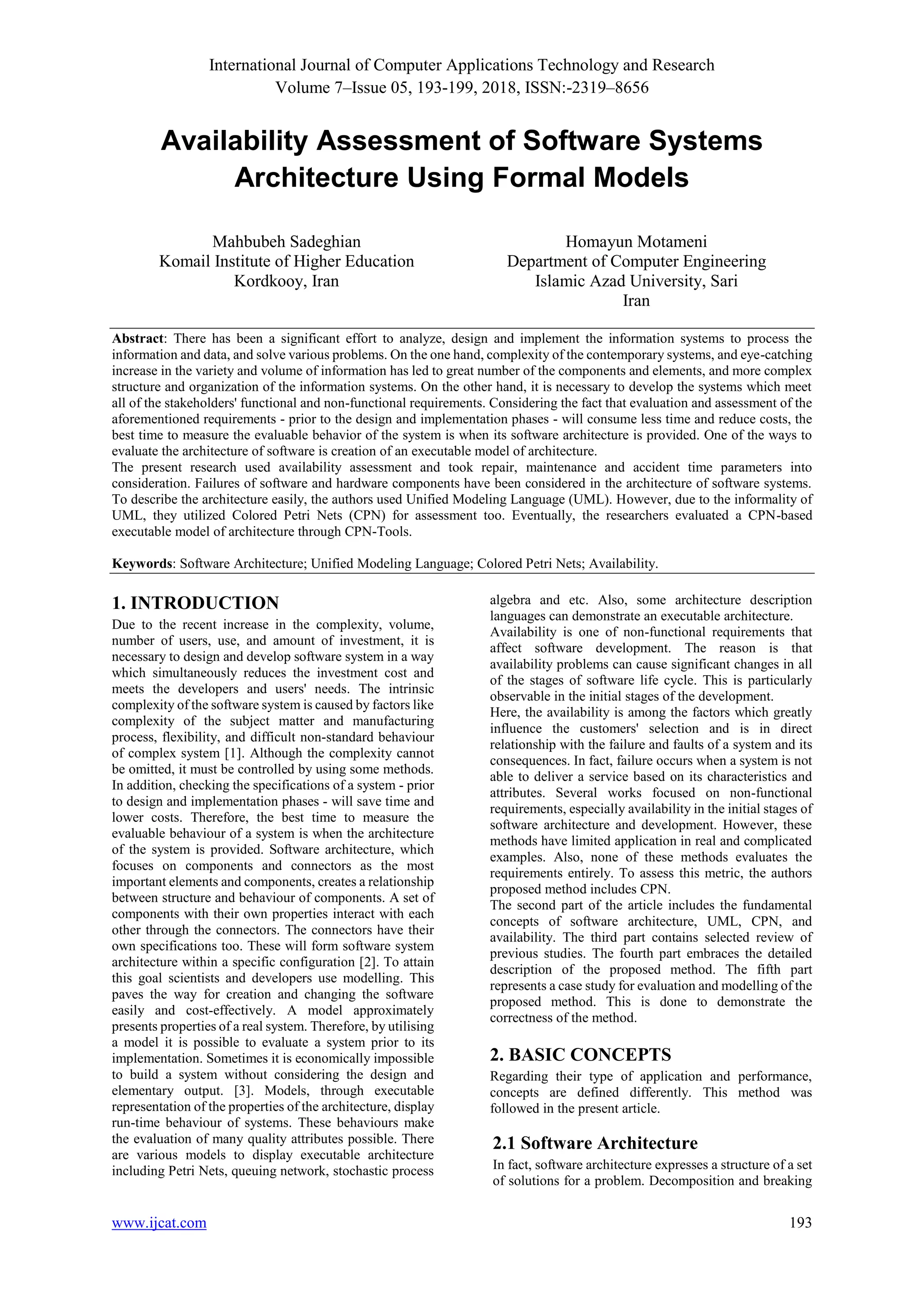 Availability Assessment of Software Systems Architecture Using Formal Models | PDF