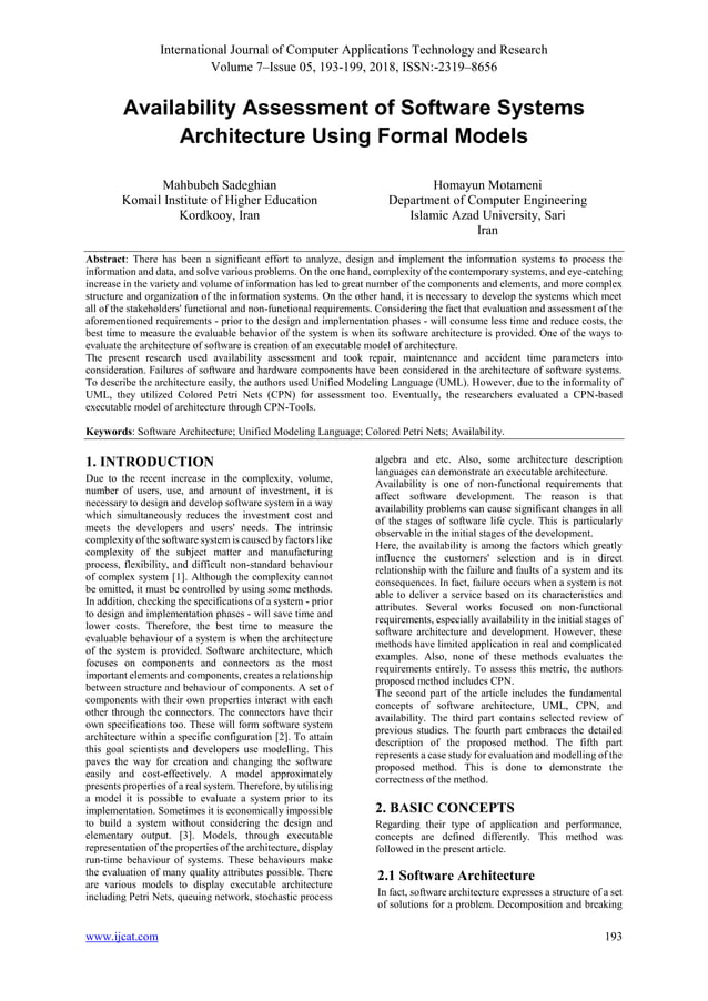 Availability Assessment of Software Systems Architecture Using Formal Models | PDF | Computer ...