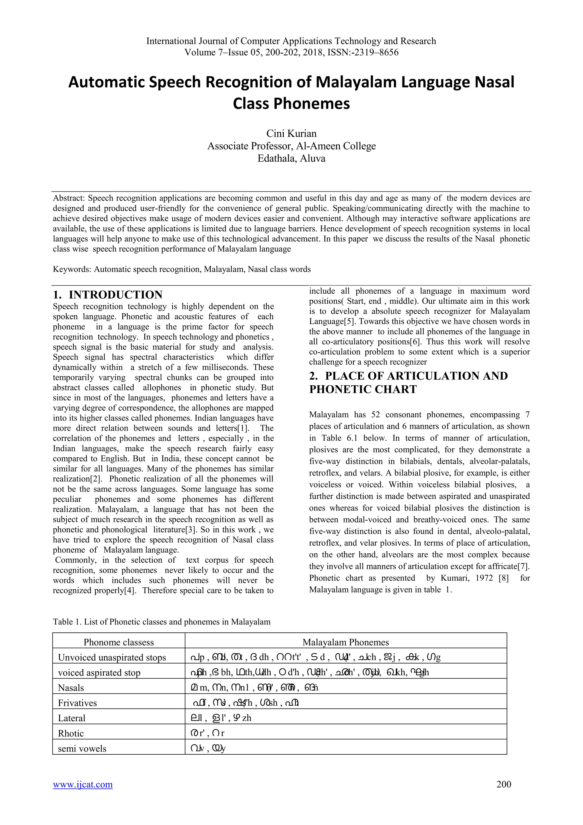 Automatic Speech Recognition of Malayalam Language Nasal Class Phonemes | PDF