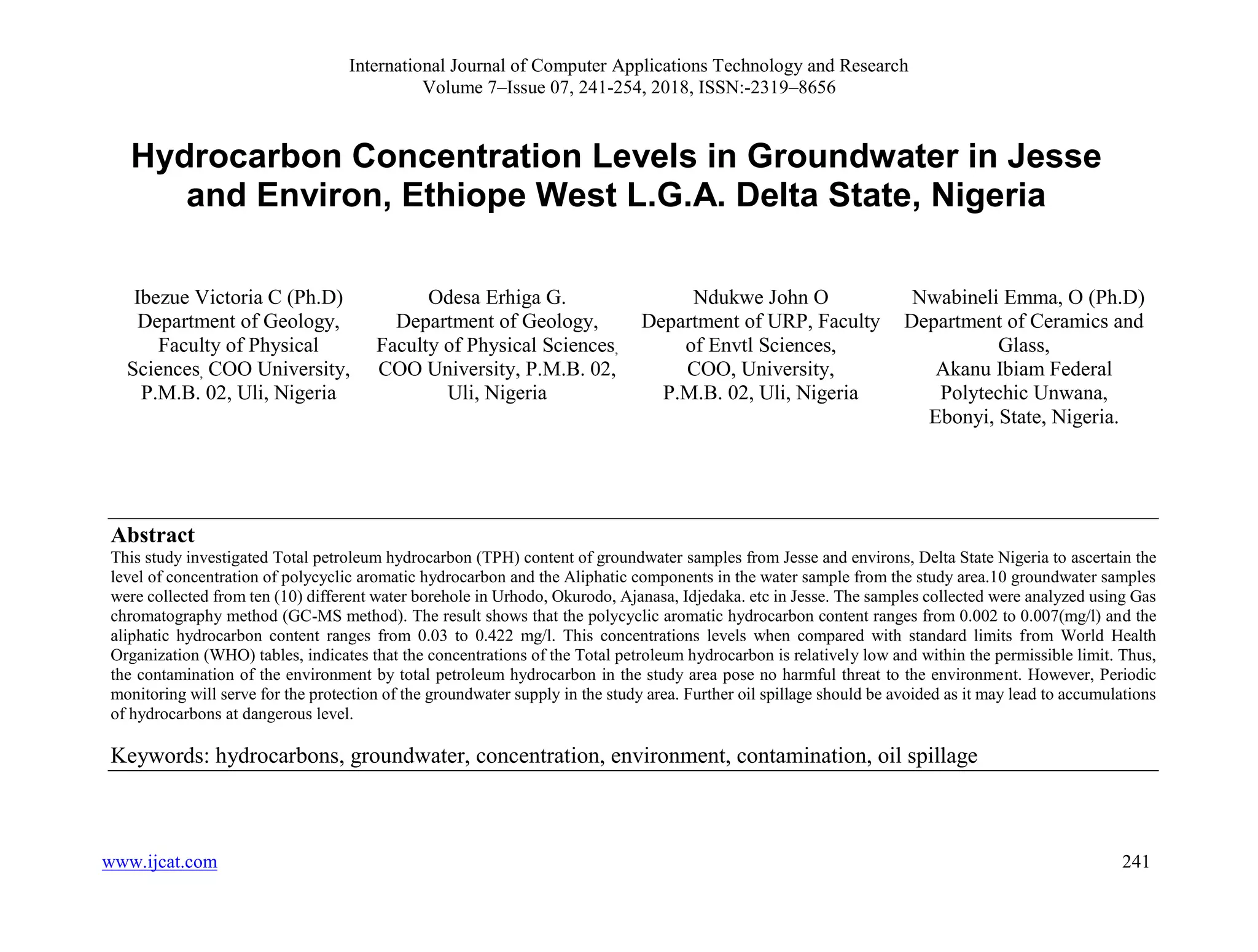 Hydrocarbon Concentration Levels in Groundwater in Jesse and Environ ...