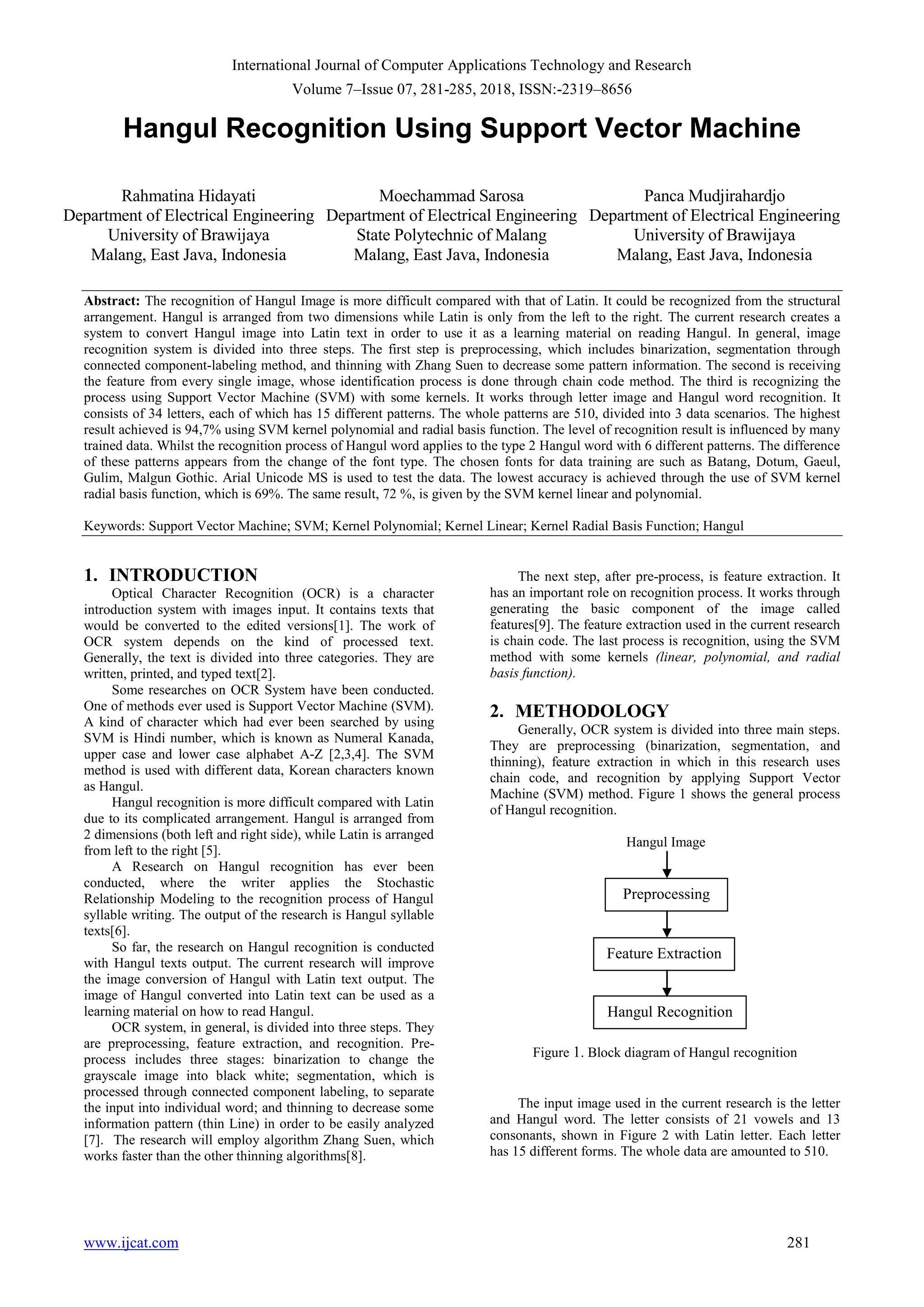 Hangul Recognition Using Support Vector Machine | PDF