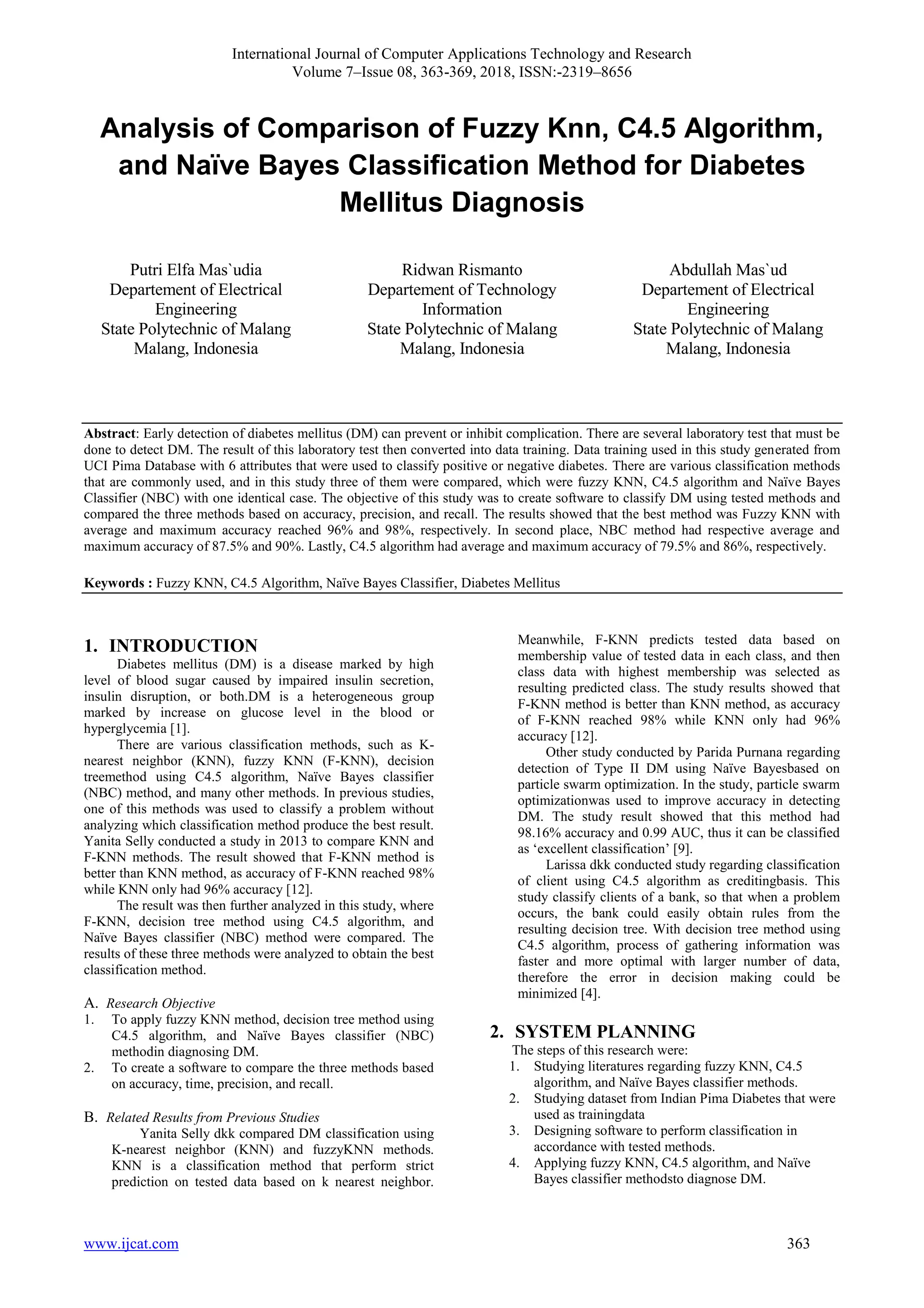 Analysis of Comparison of Fuzzy Knn, C4.5 Algorithm, and Naïve Bayes Classification Method for ...