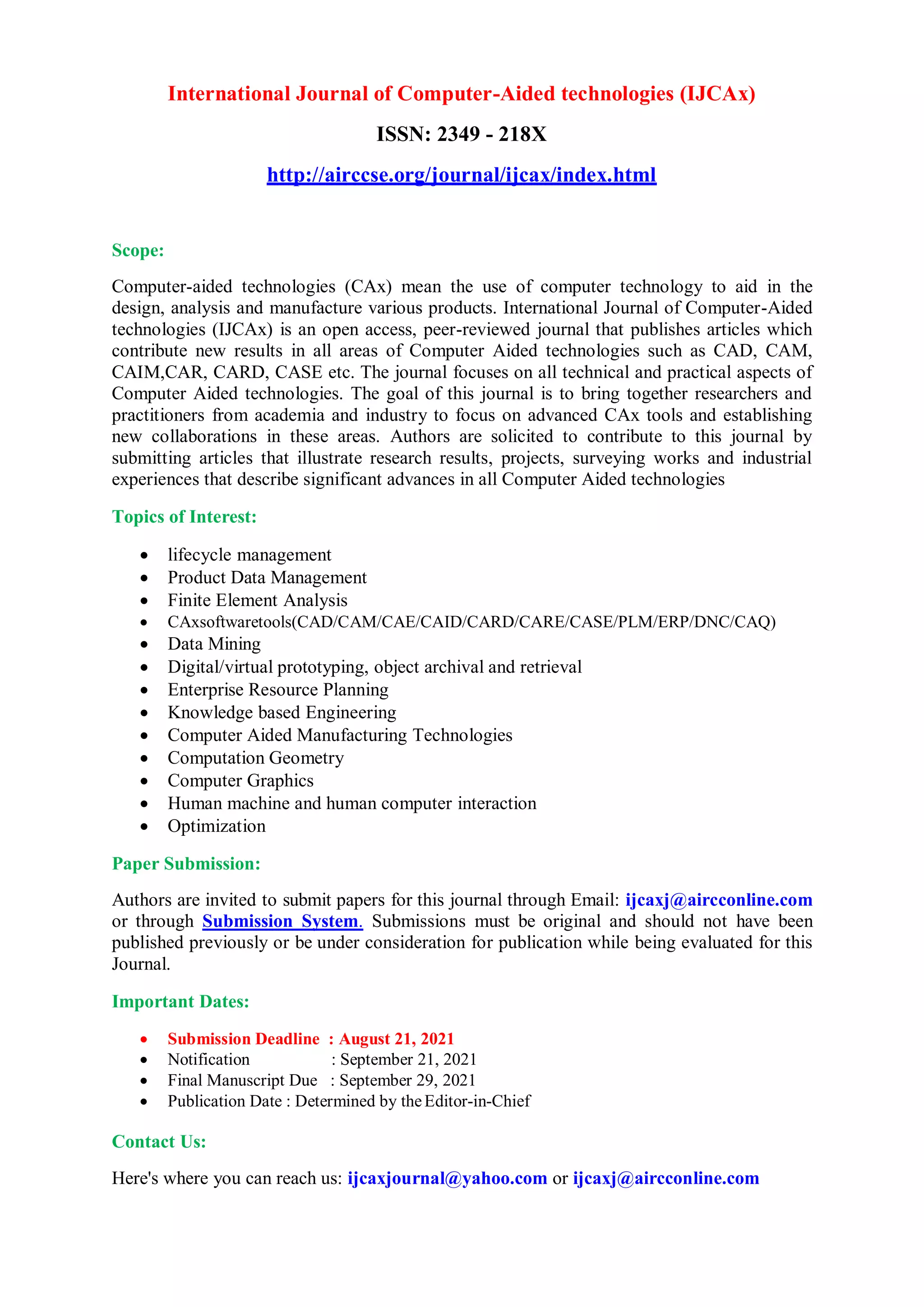 Call for papers - International Journal of Computer-Aided technologies ...